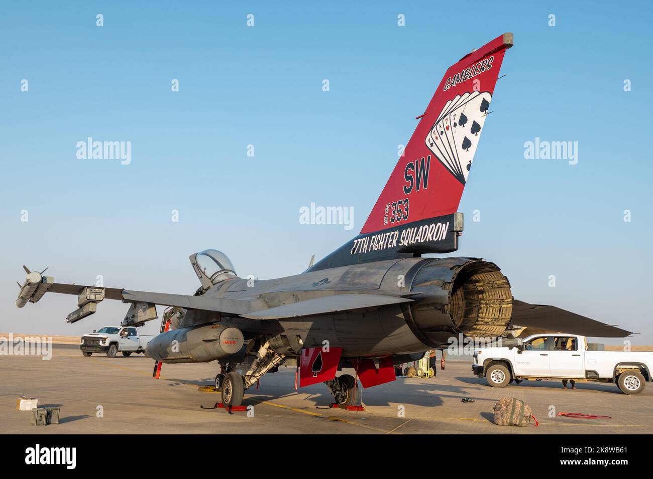 An F-16 Fighting Falcon aircraft, assigned to the 77th Fighter Squadron ...