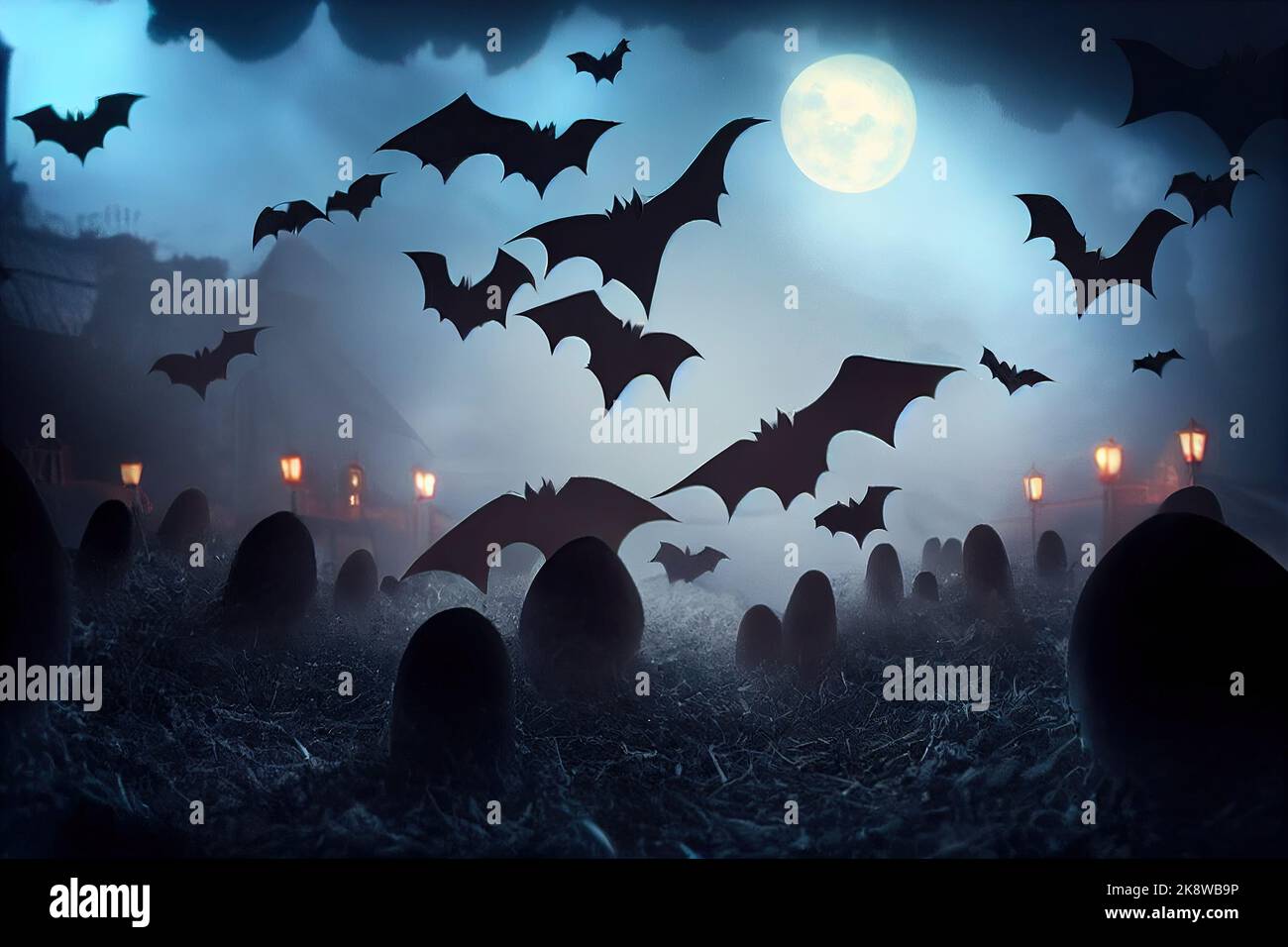 vampire bats flying on a cemetery field of a dark forest lit by the ...