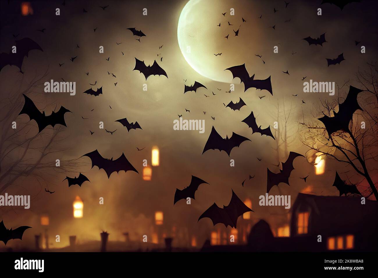 An eerie bat scene lit by the glowing orb of a moon on Halloween in a ...