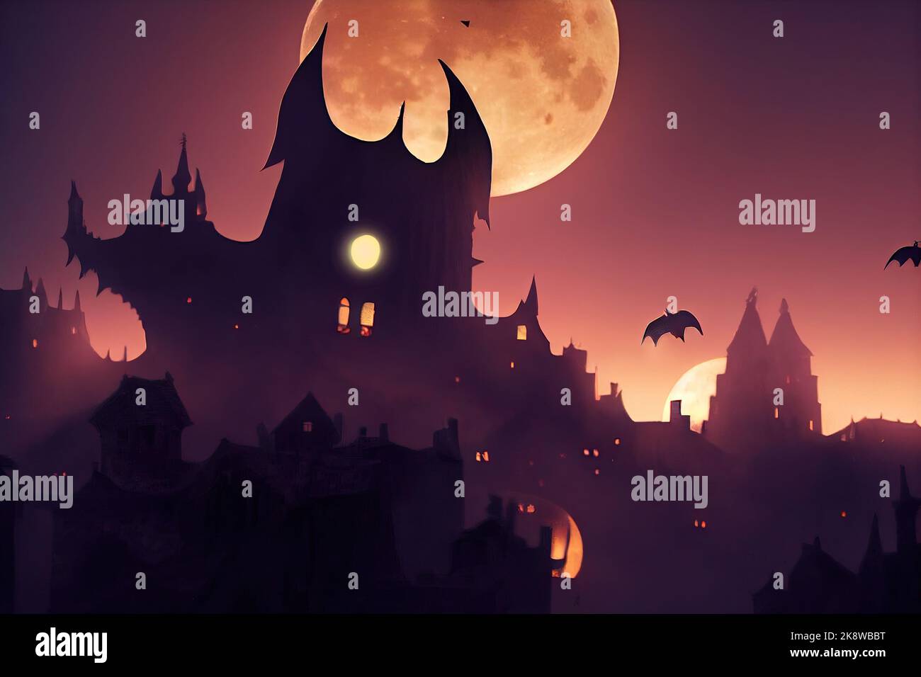 A spooky vampire castle perched on a cemetery in a dark forest lit by ...