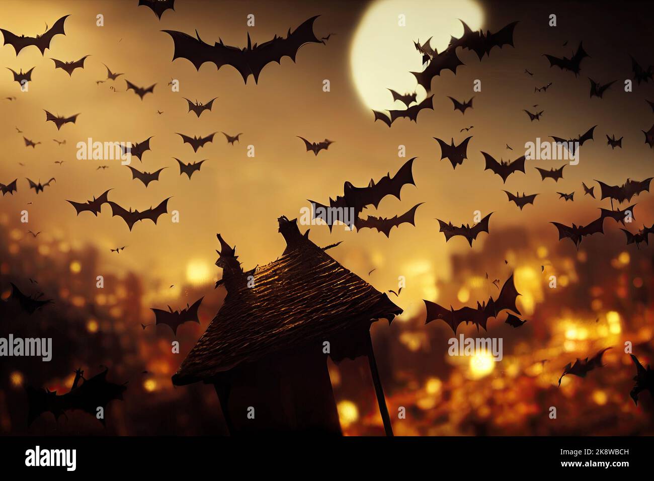 A spooky vampire castle perched on a cemetery in a dark forest lit by ...