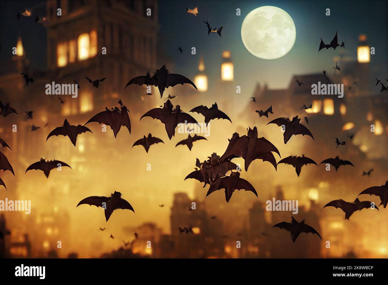 Bats flying on a town lit by the full moon on Halloween night. A ...