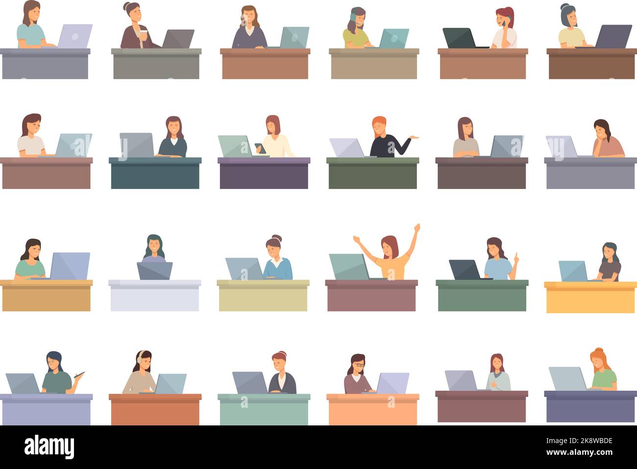 Woman with laptop icons set cartoon vector. Work people. Digital office ...