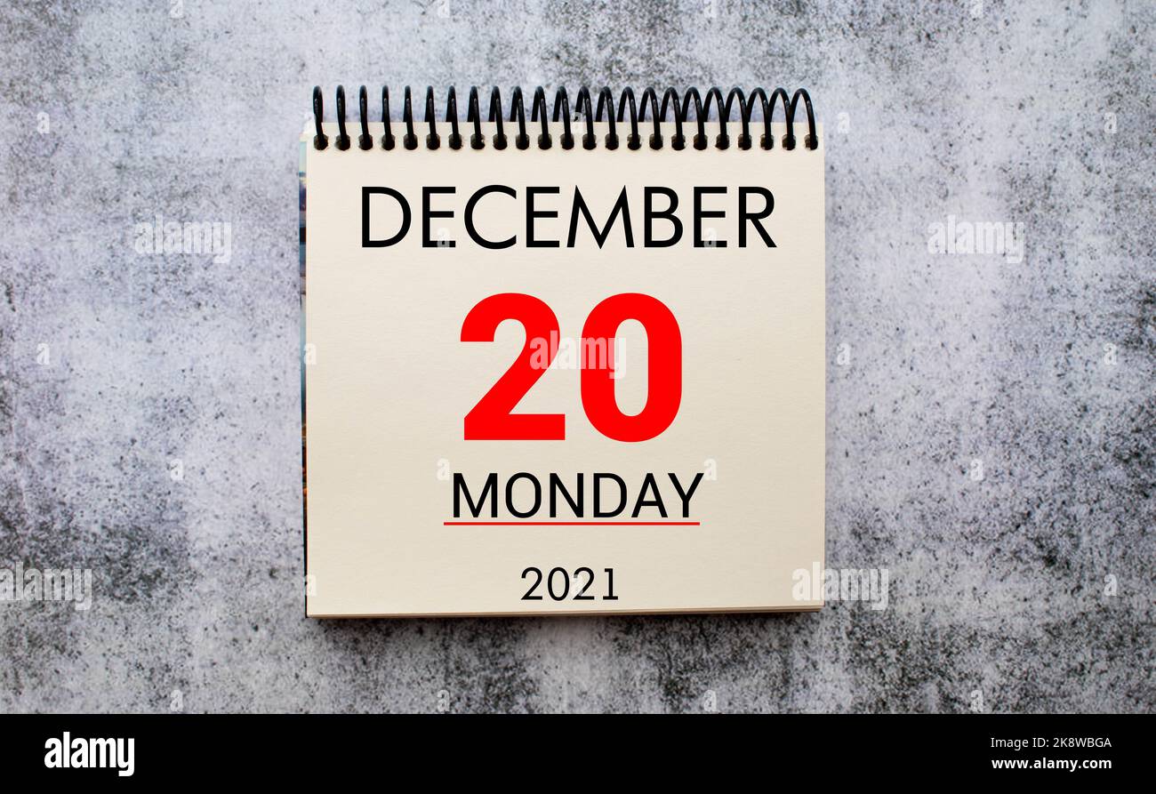 December 20th. Day 20 of month, Calendar on cork notice board. Winter ...