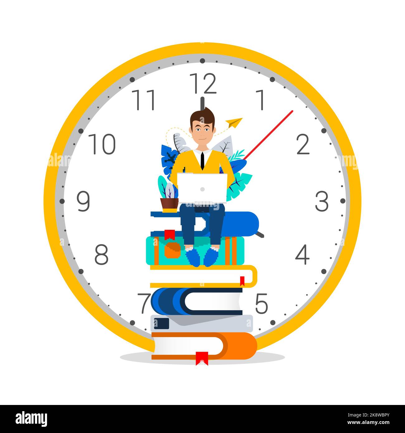 Time to learn. Student sitting on books with computer. Vector ...