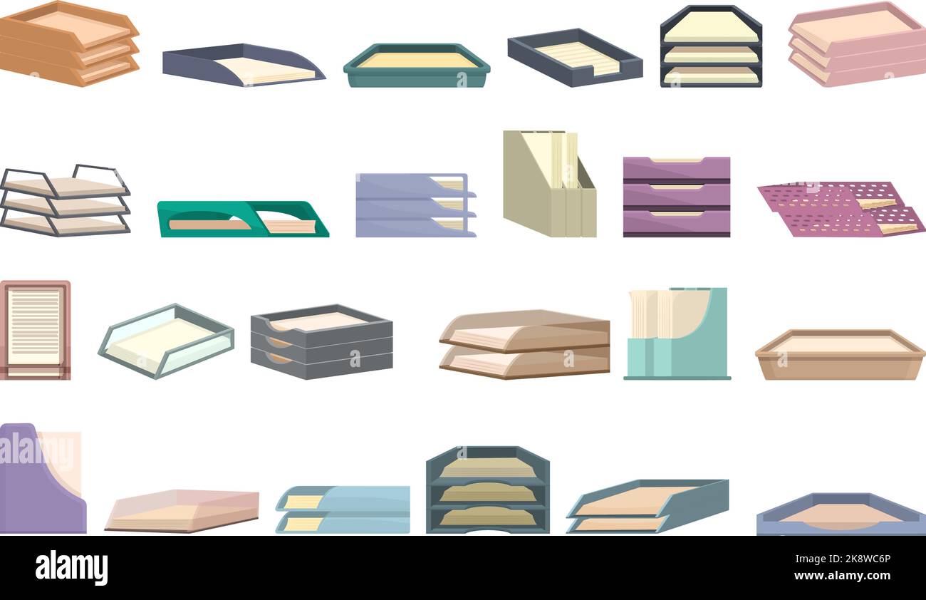 Paper tray icons set cartoon vector. Office rack. Business storage ...