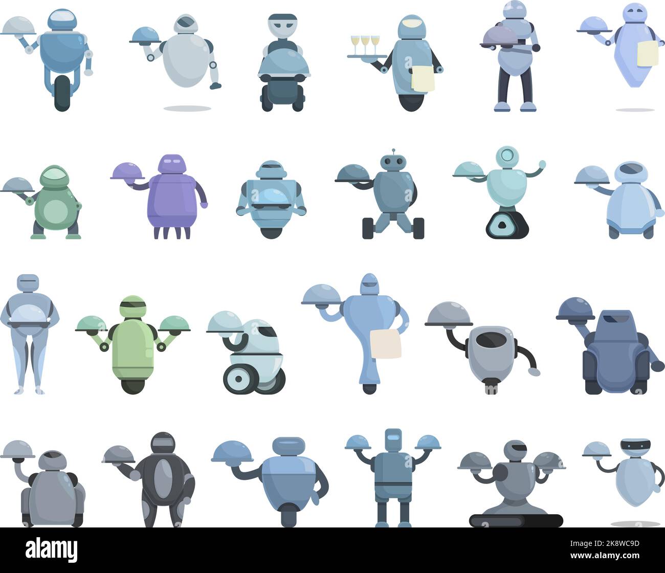 Robot waiter icons set cartoon vector. Domestic service. Computer life ...