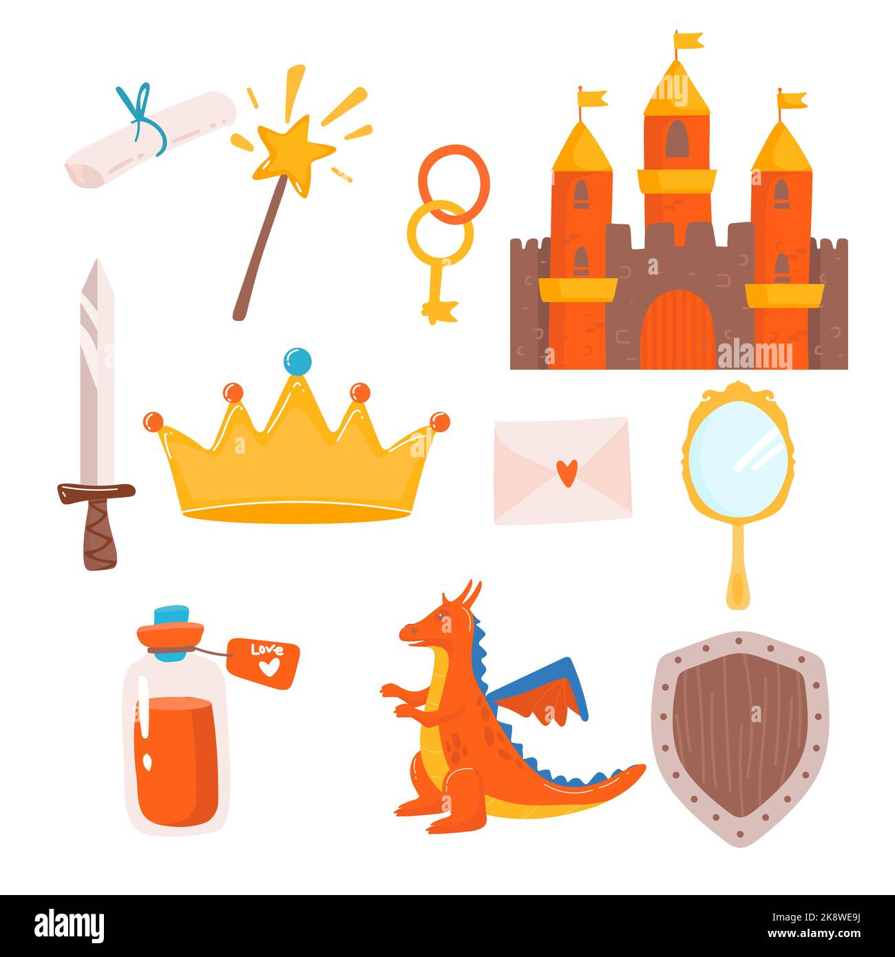 Hand drawn set of fairy tale and magic princess elements: lock, crown ...