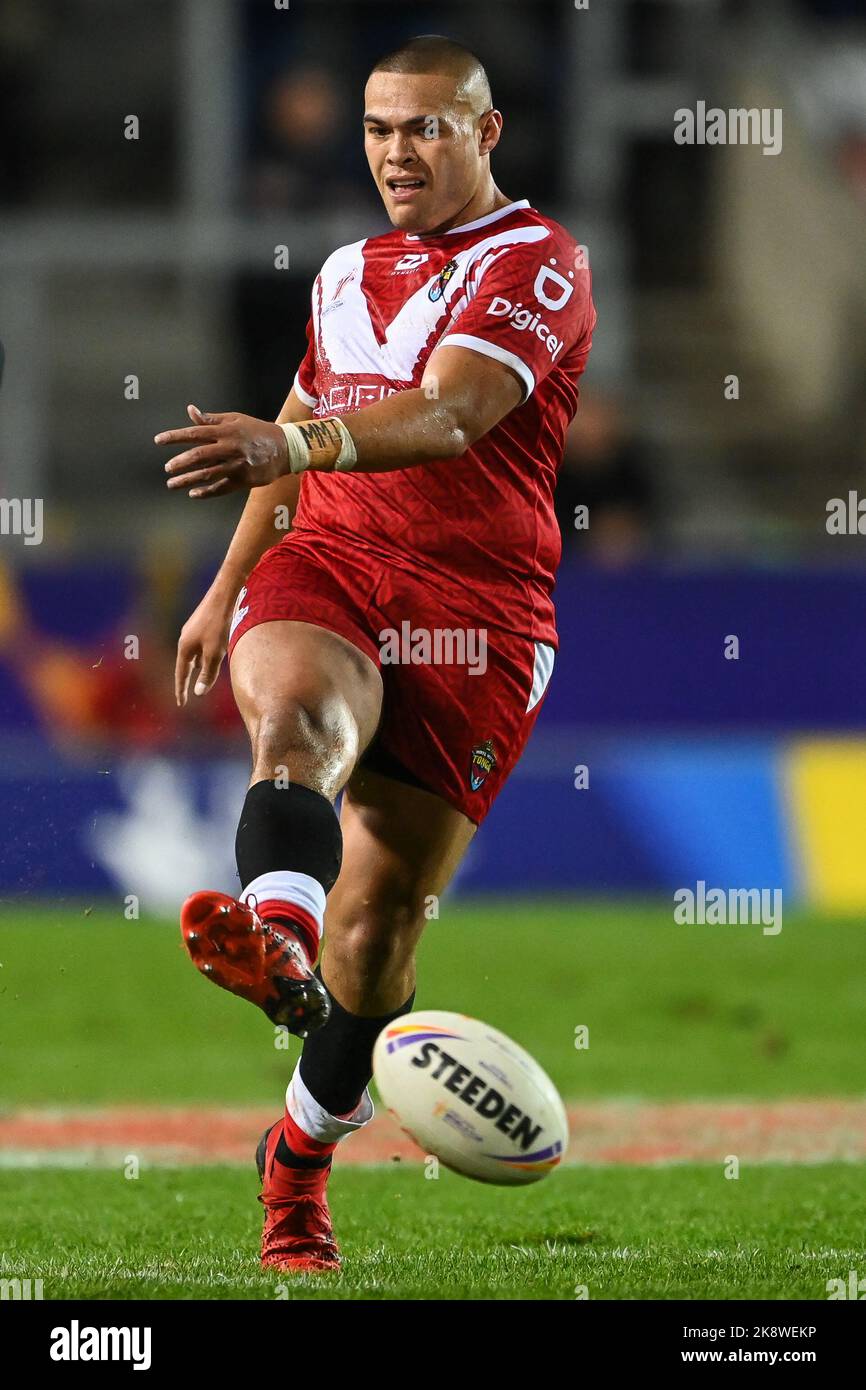Tui Lolohea of Tonga kicks ahead during the Rugby League World Cup 2021 ...