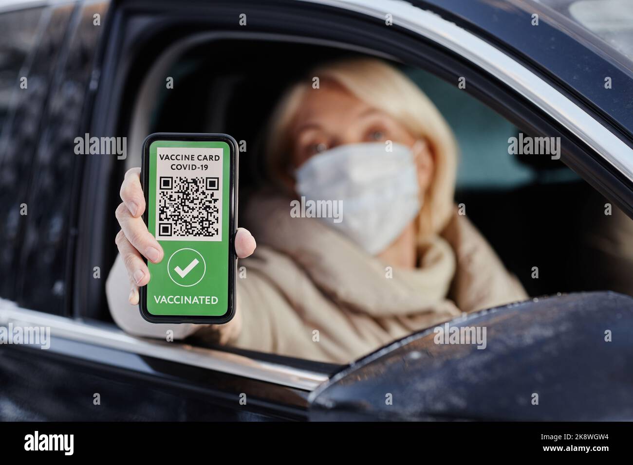 Mature woman showing digital vaccination code from car window and ...