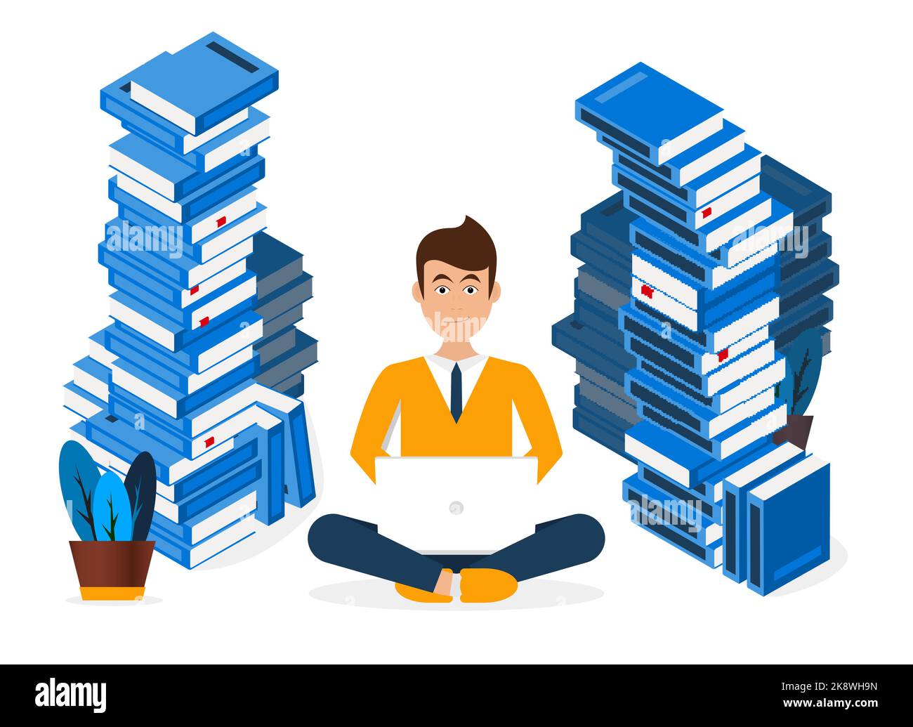Young man sitting with a computer between books. Vector illustration ...