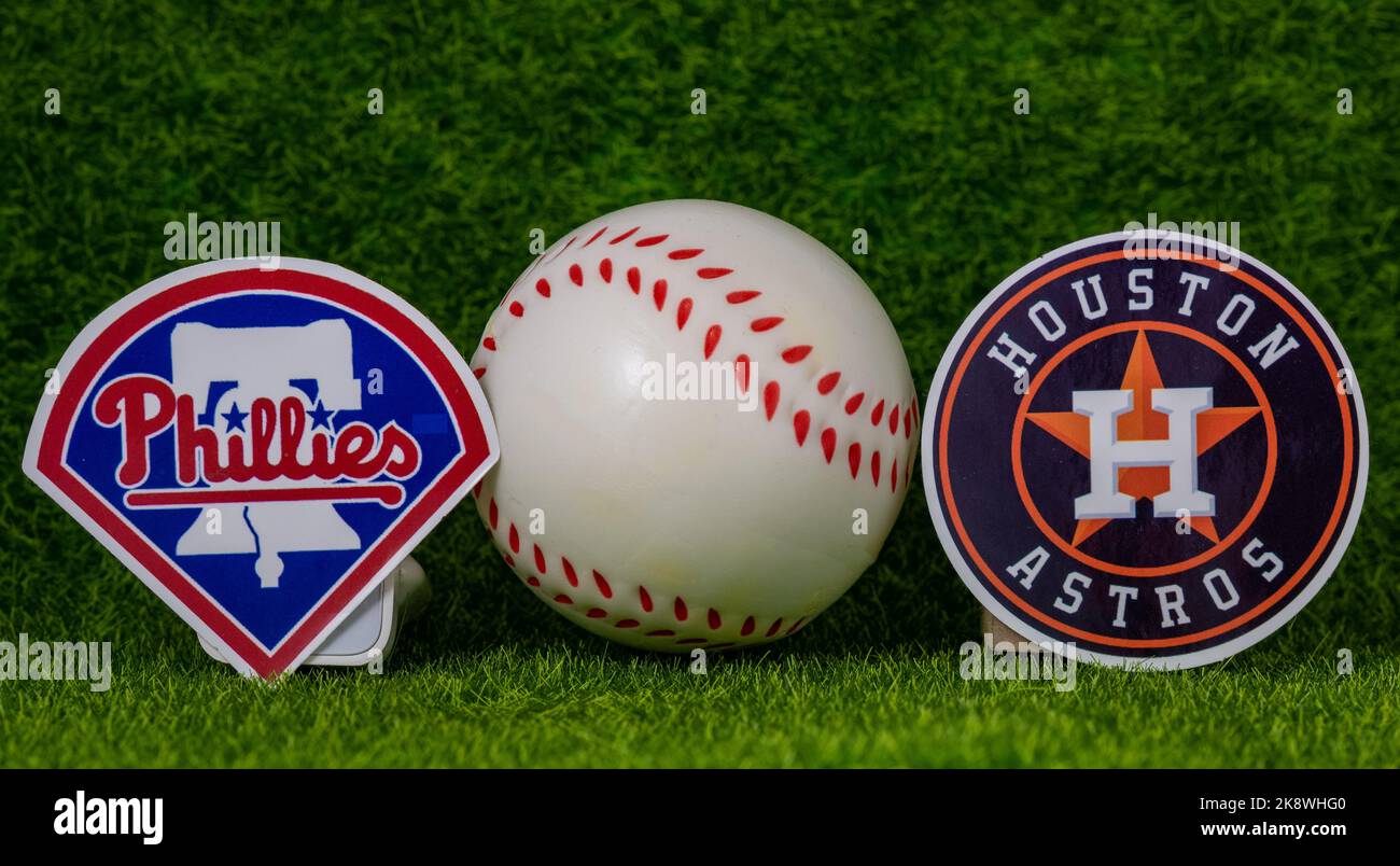 October 25, 2022. New York, USA. The emblems of the baseball clubs of ...