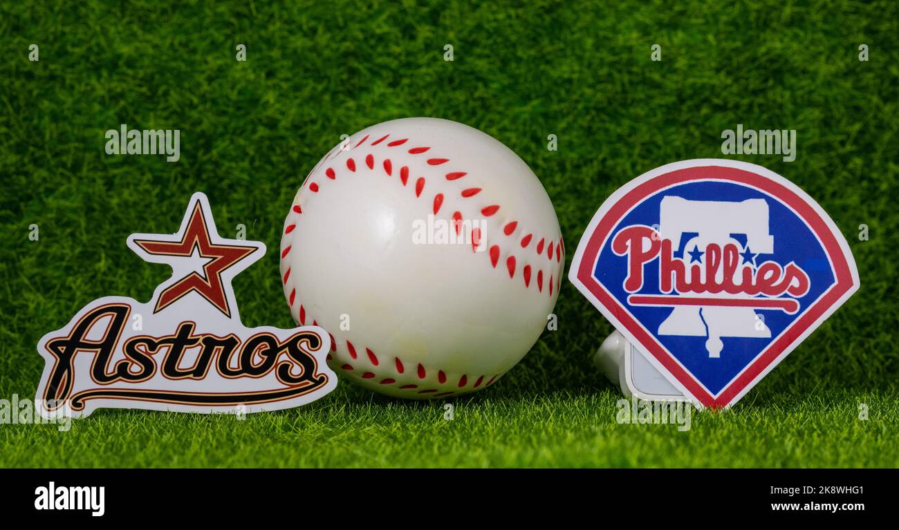 October 25, 2022. New York, USA. The emblems of the baseball clubs of ...