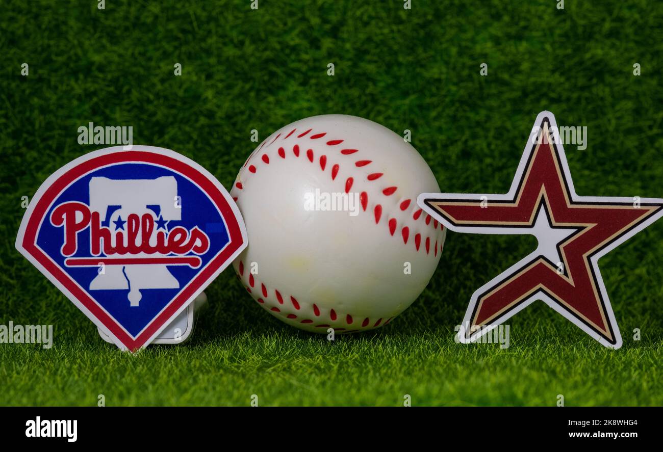 October 25, 2022. New York, USA. The emblems of the baseball clubs of ...