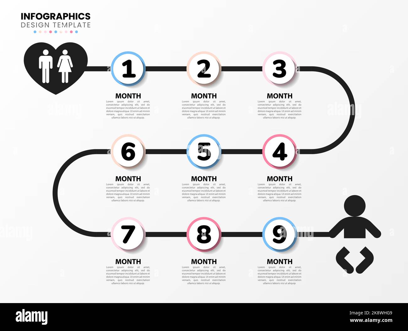 Infographic design template. Pregnancy concept with 9 steps. Can be ...