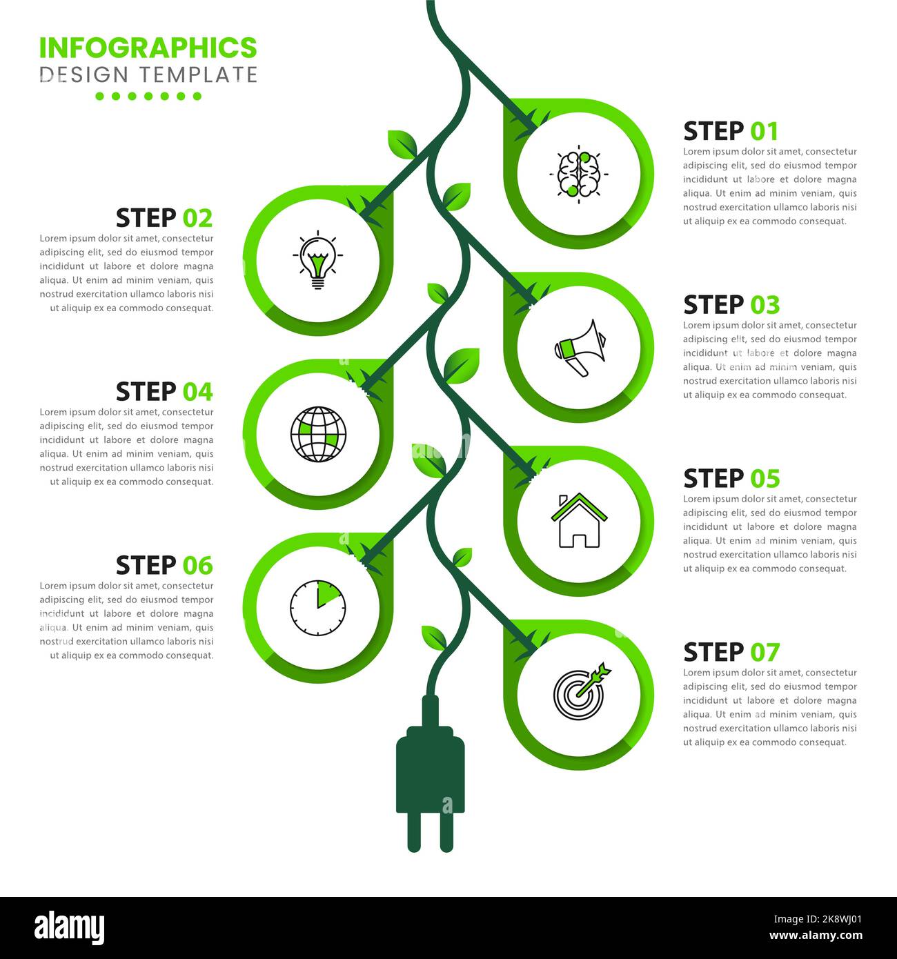 Infographic template with icons and 7 options or steps. Green power ...