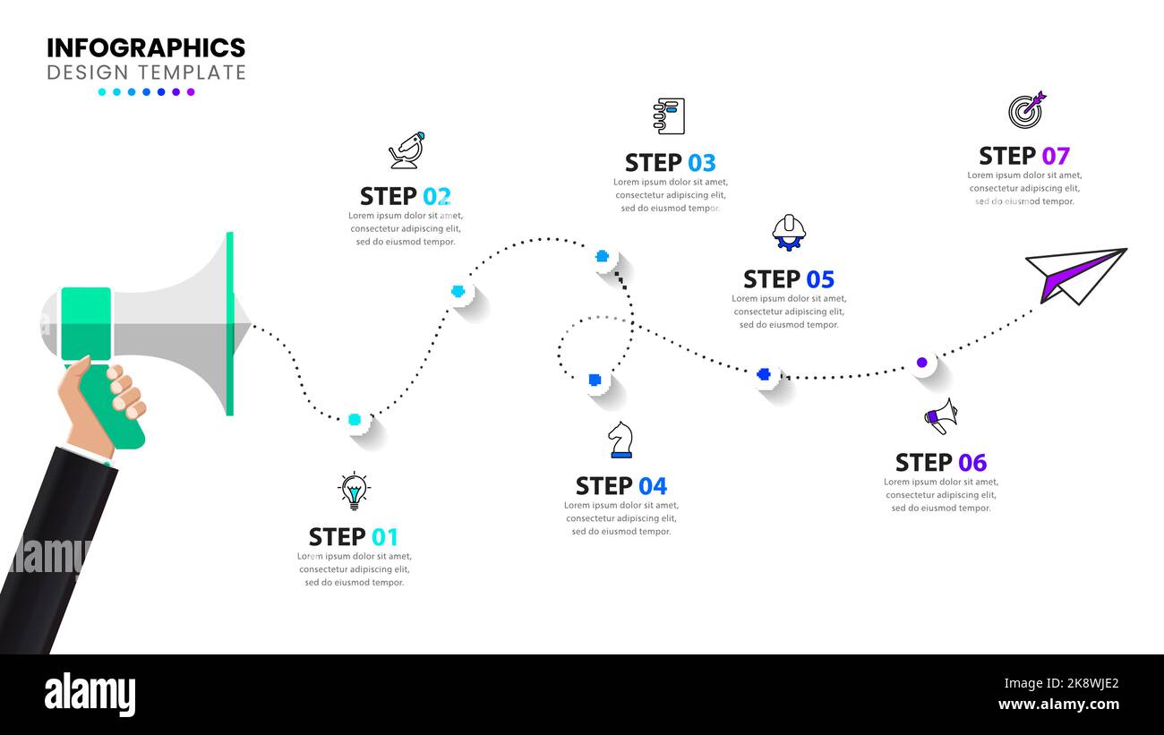 Infographic template with icons and 7 options or steps. Megaphone. Can ...