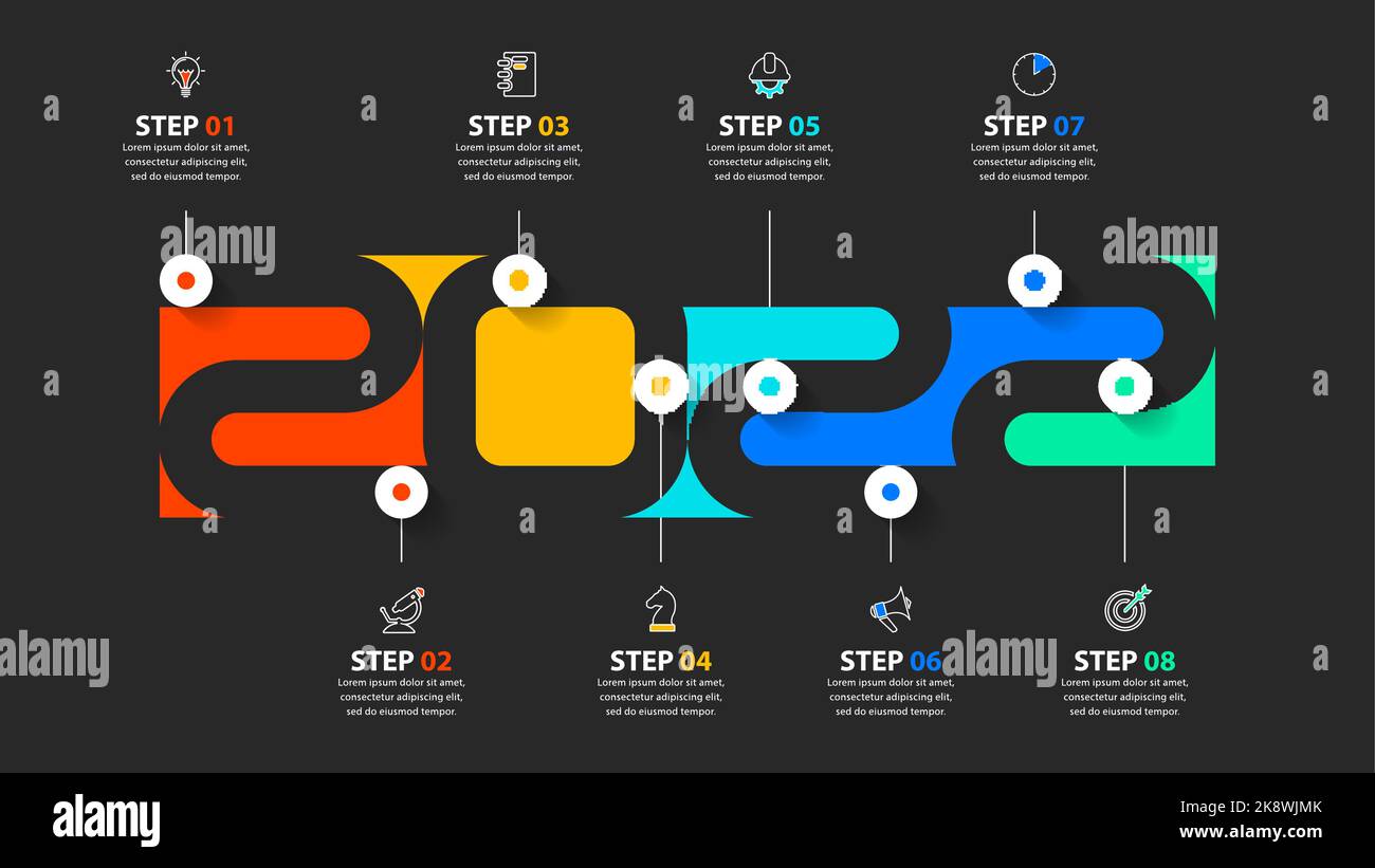 Infographic template with icons and 8 options or steps. 2022 timeline. Can be used for workflow ...