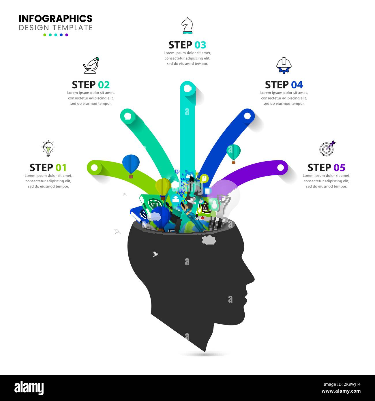 Infographic template with icons and 5 options or steps. Open head. Can ...