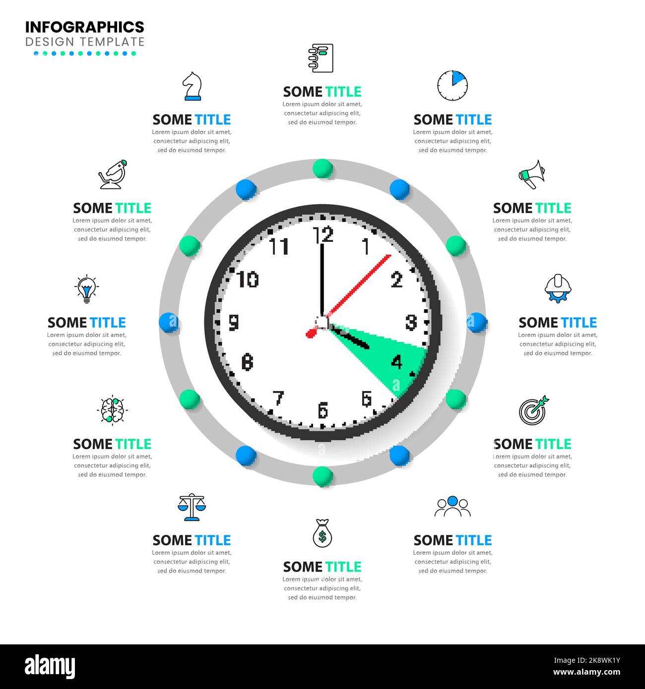 Infographic template with icons and 12 options or steps. Clock. Can be ...