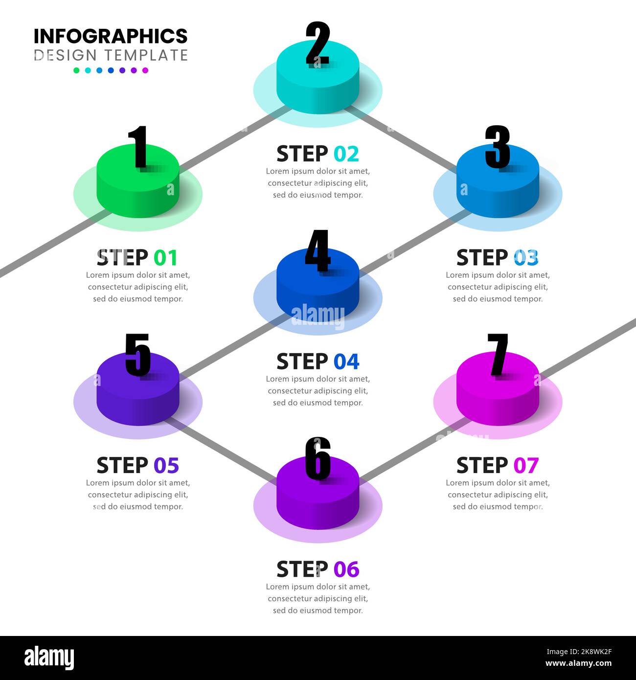 Infographic template with 7 options or steps. Isometric timeline. Can be used for workflow ...