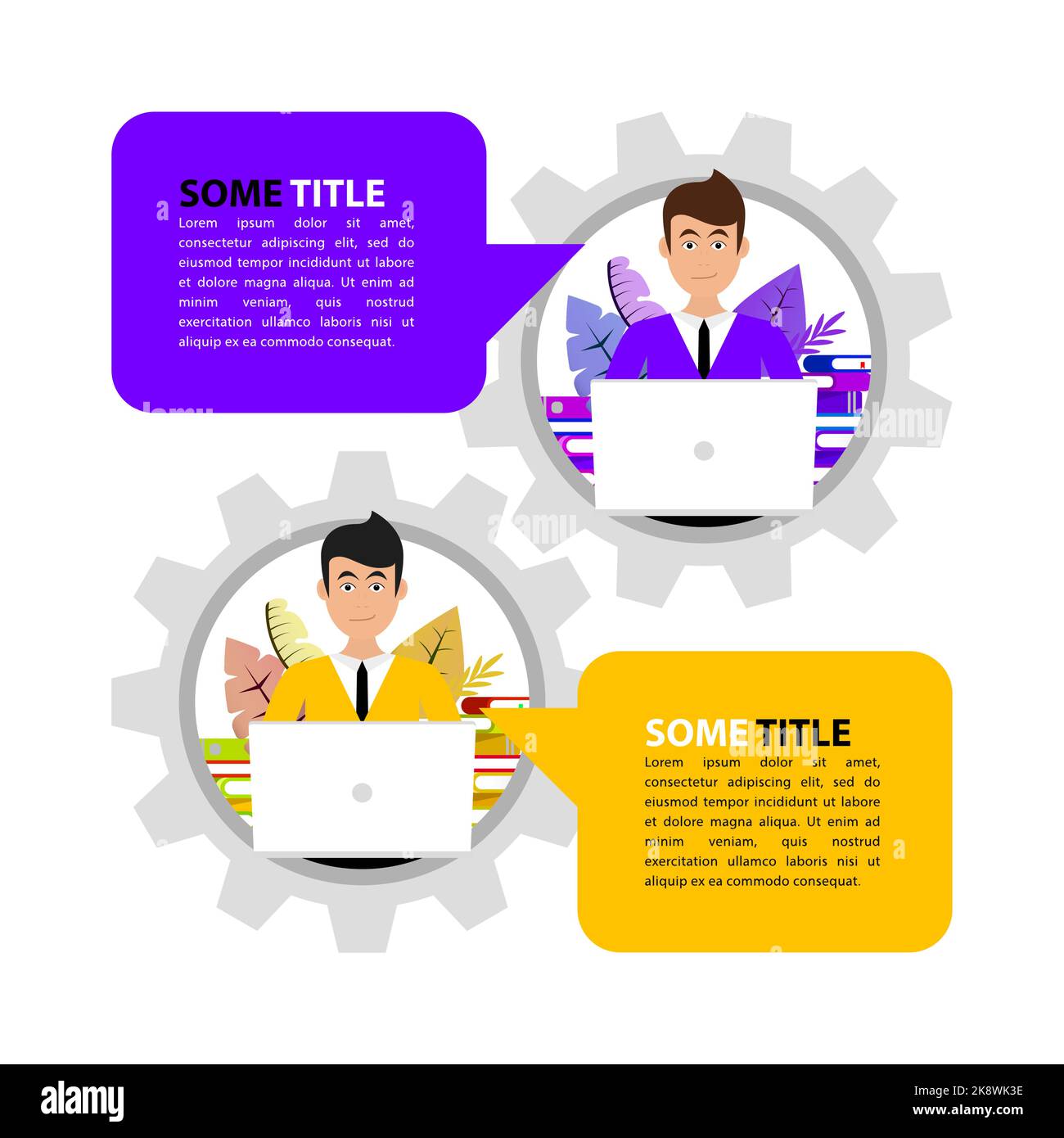 Two workers with a laptop in a gear. Communication. Vector illustration ...