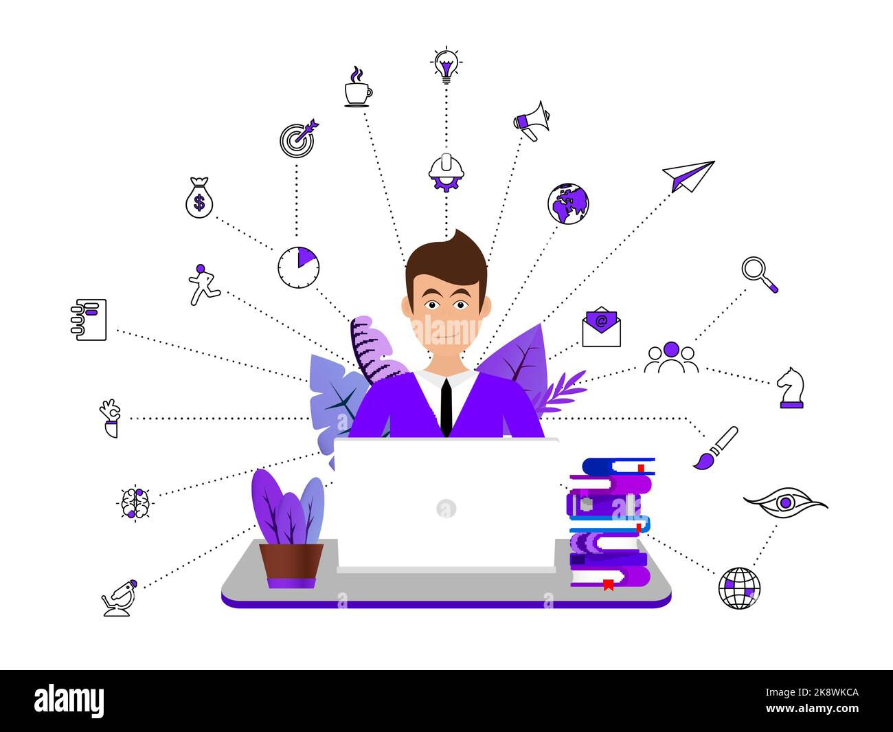 Man with computer. Network of icons around a person. Vector ...
