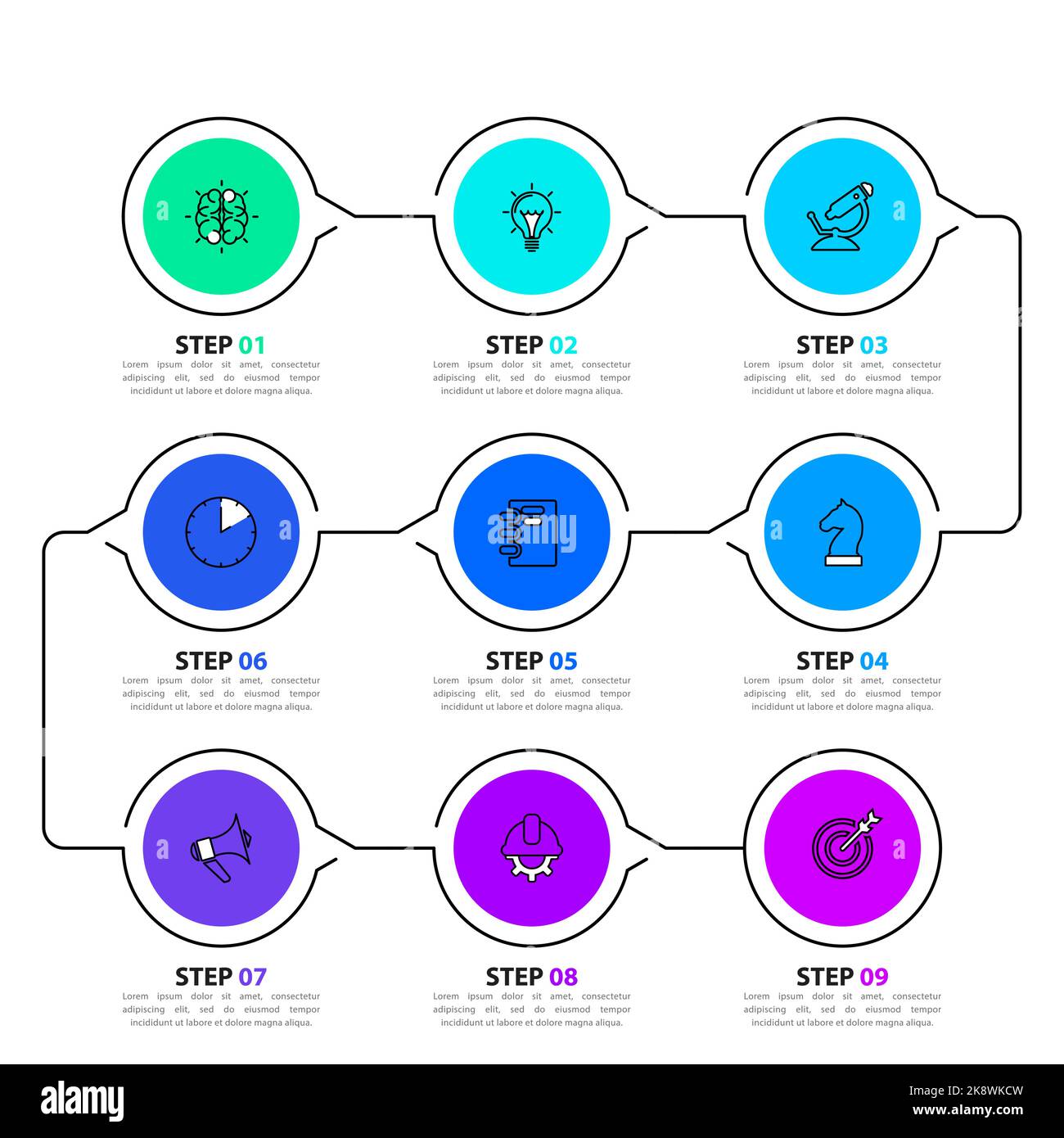 Infographic template with 9 options or steps. Timeline. Can be used for ...