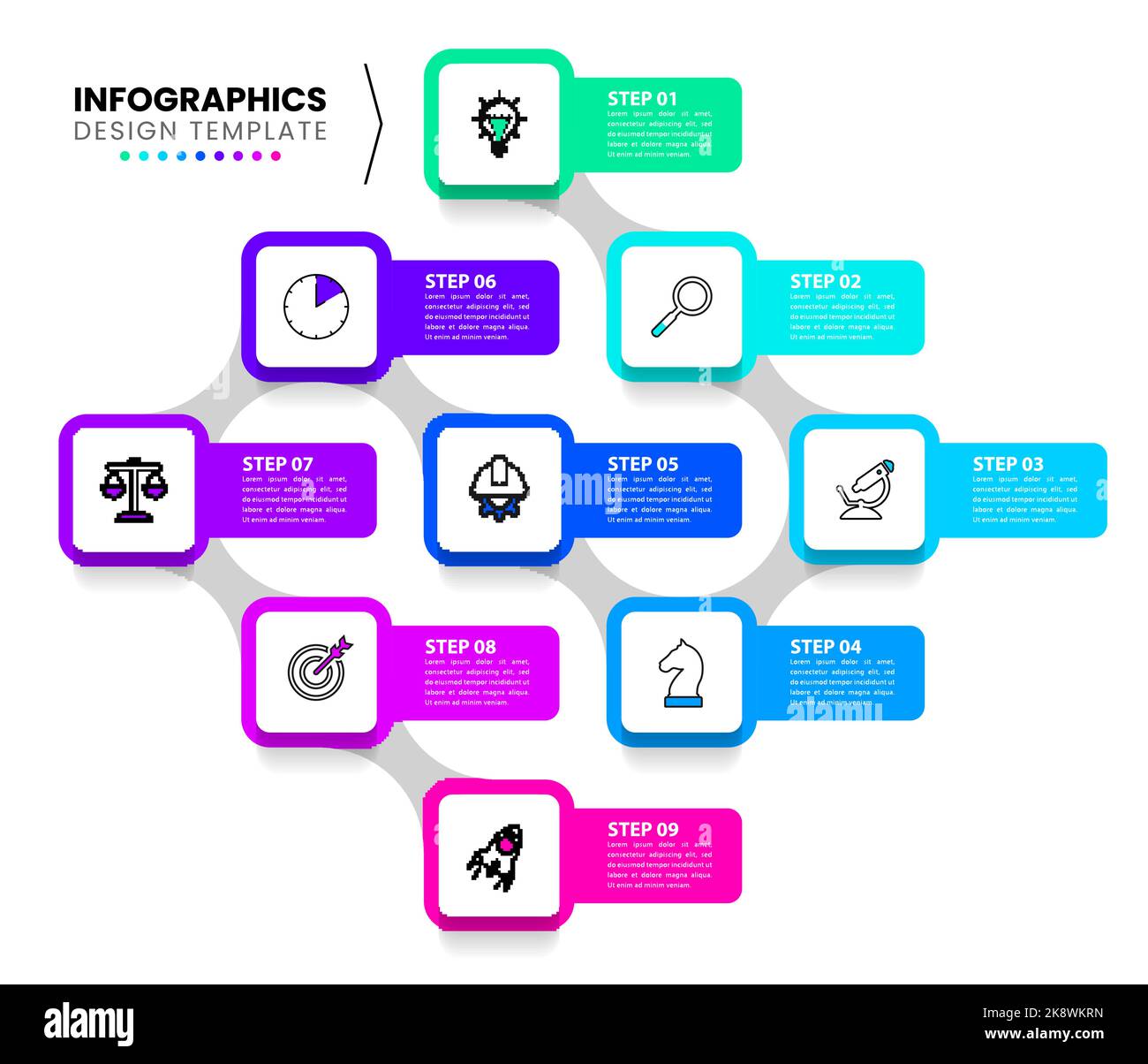 Infographic template with icons and 9 options or steps. Timeline. Can be used for workflow ...