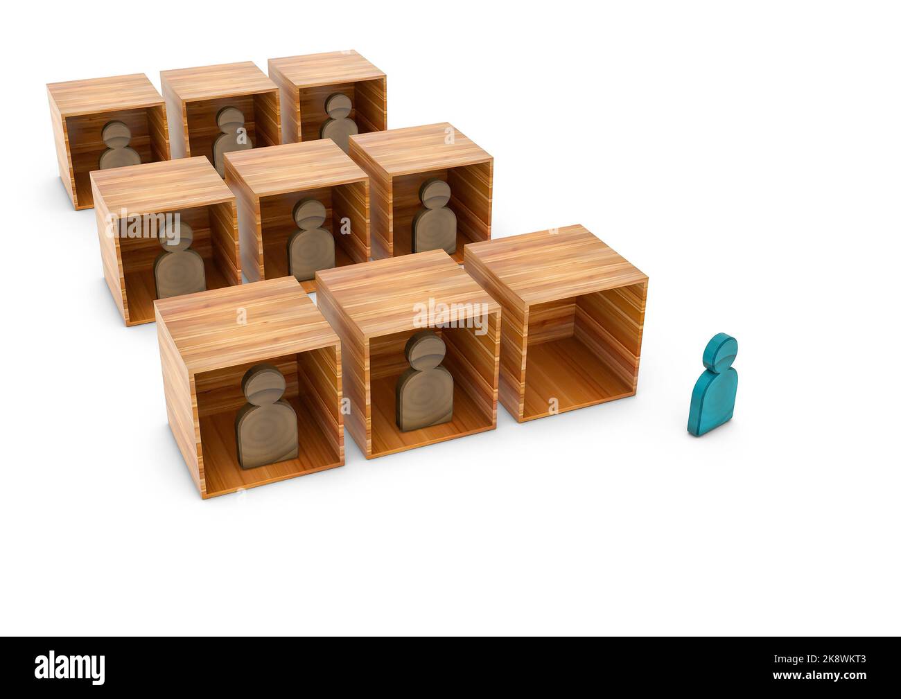 3D illustration of many people following rules and one person being ...