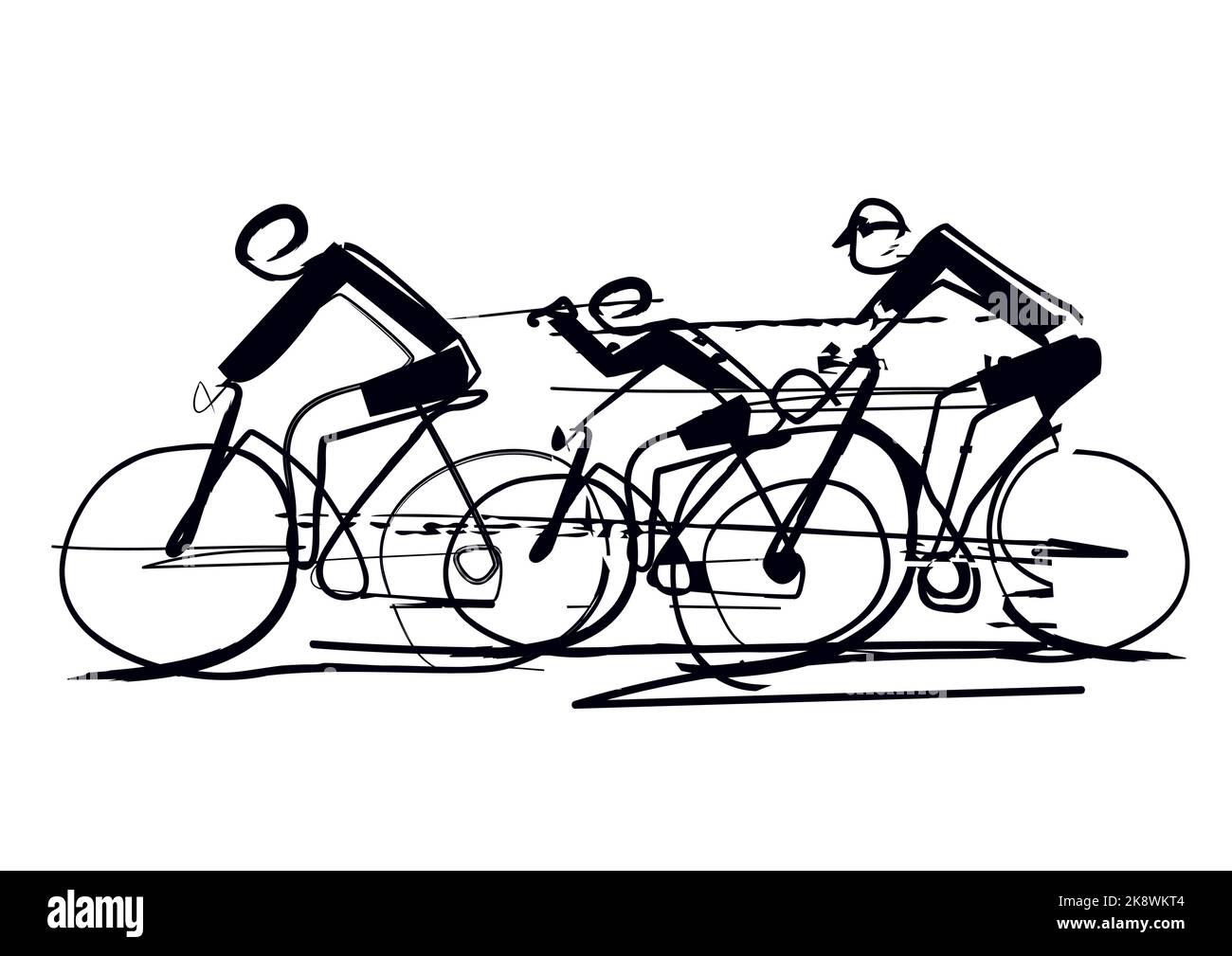 Cycling race, line art stylized. Black and white Illustration of three ...