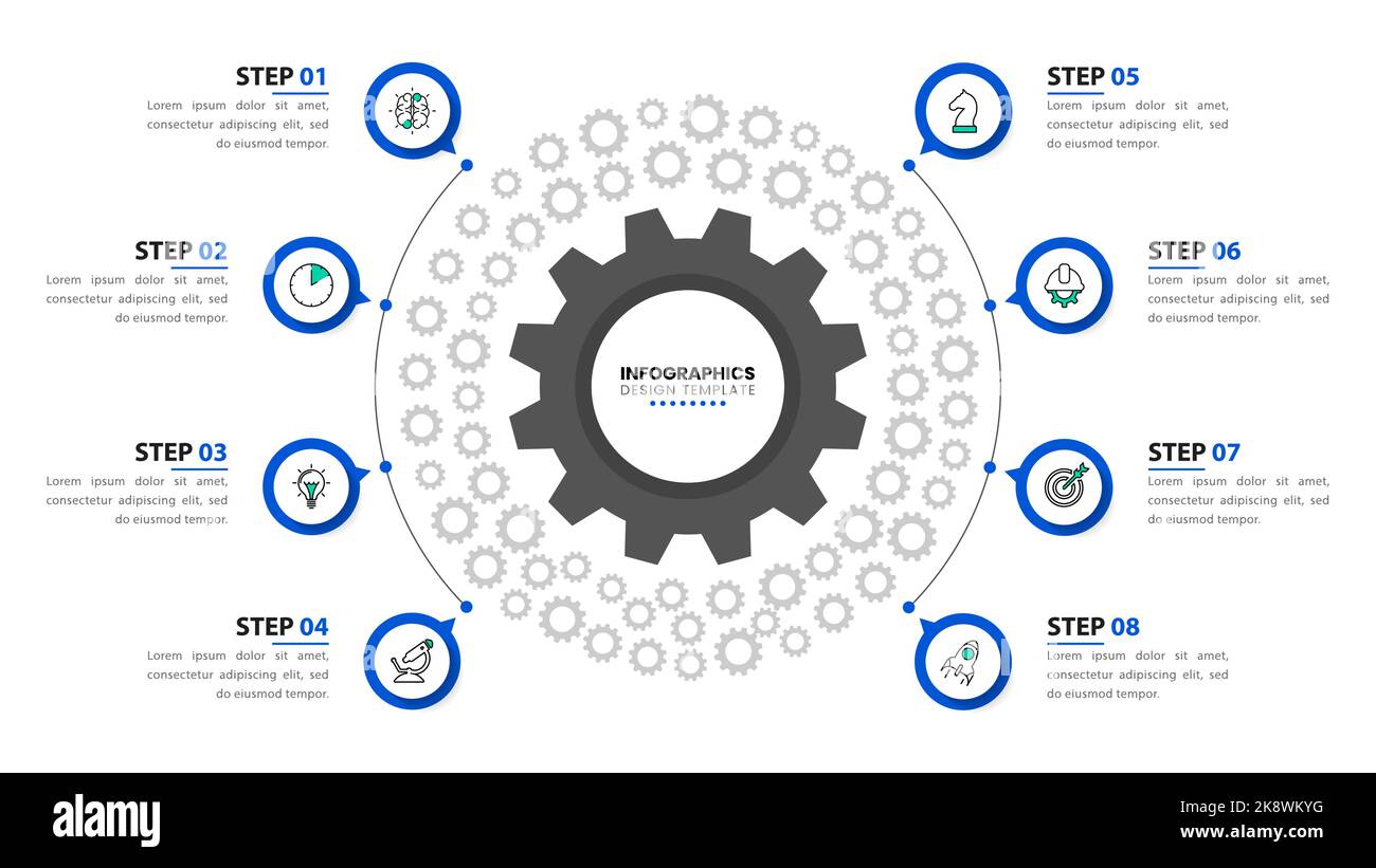 Infographic template with icons and 8 options or steps. Gear. Can be ...