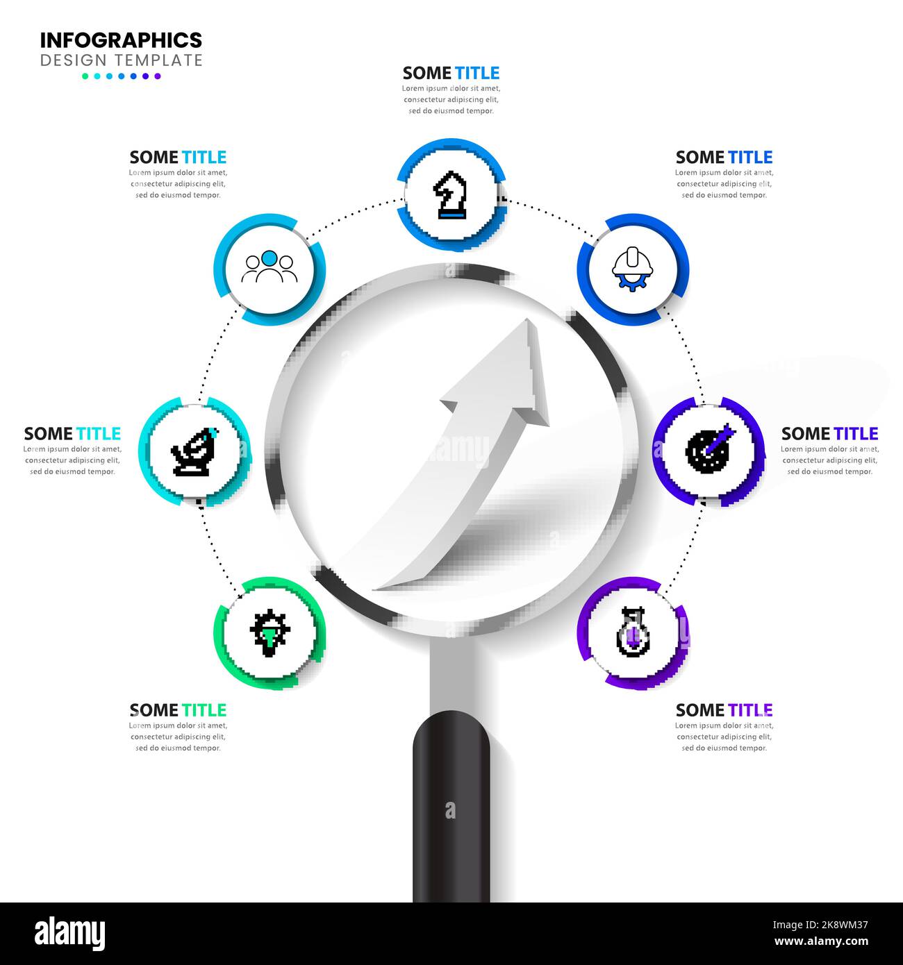 Infographic template with icons and 7 options or steps. Magnifier. Can ...