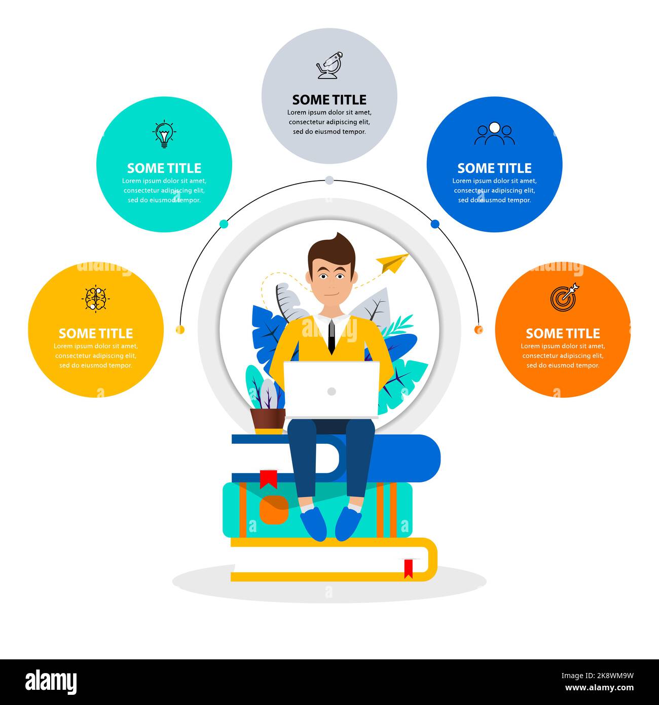 Infographic template with icons and 5 options or steps. Studying boy ...
