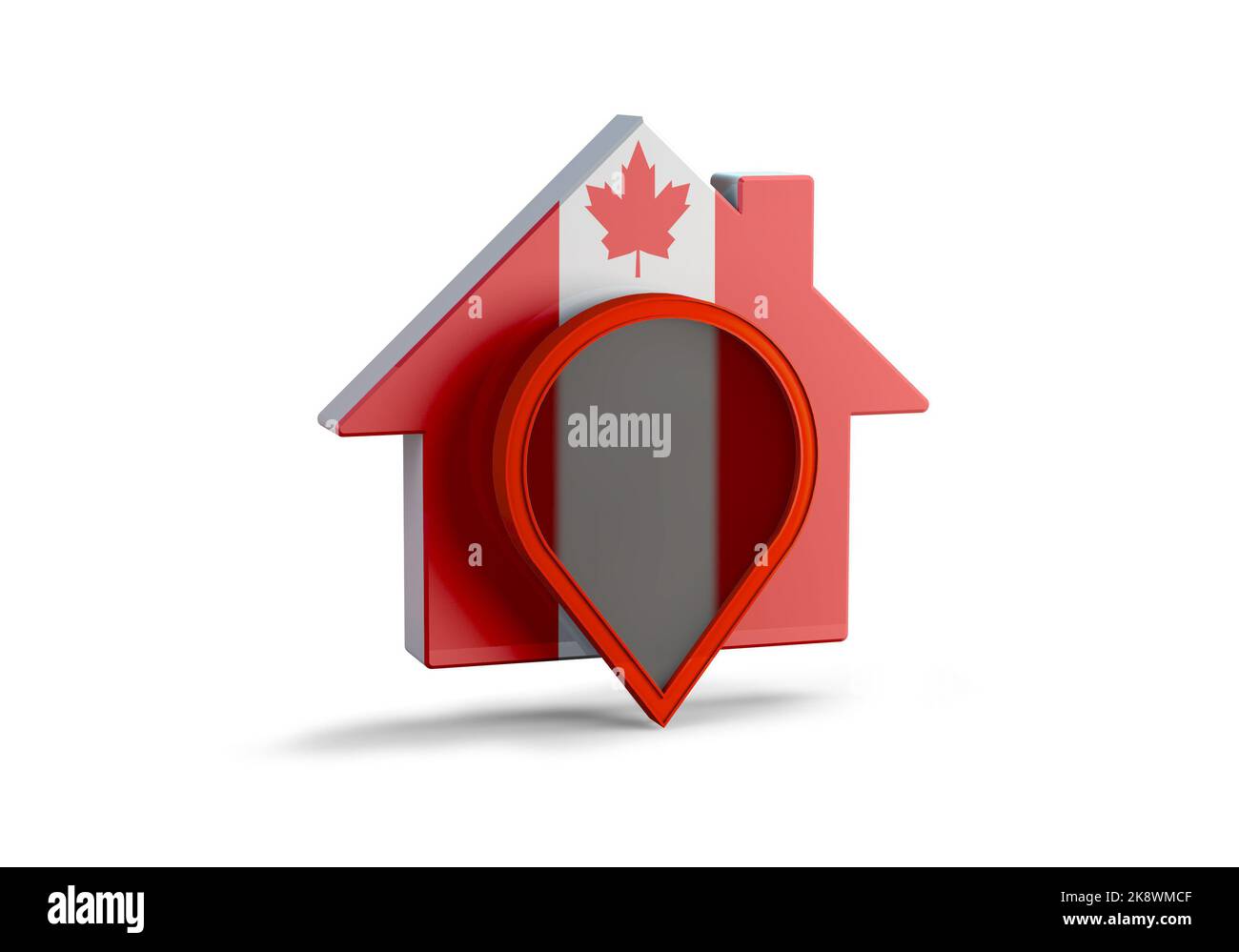 3D illustration of a house with the Canada flag and a location pin ...