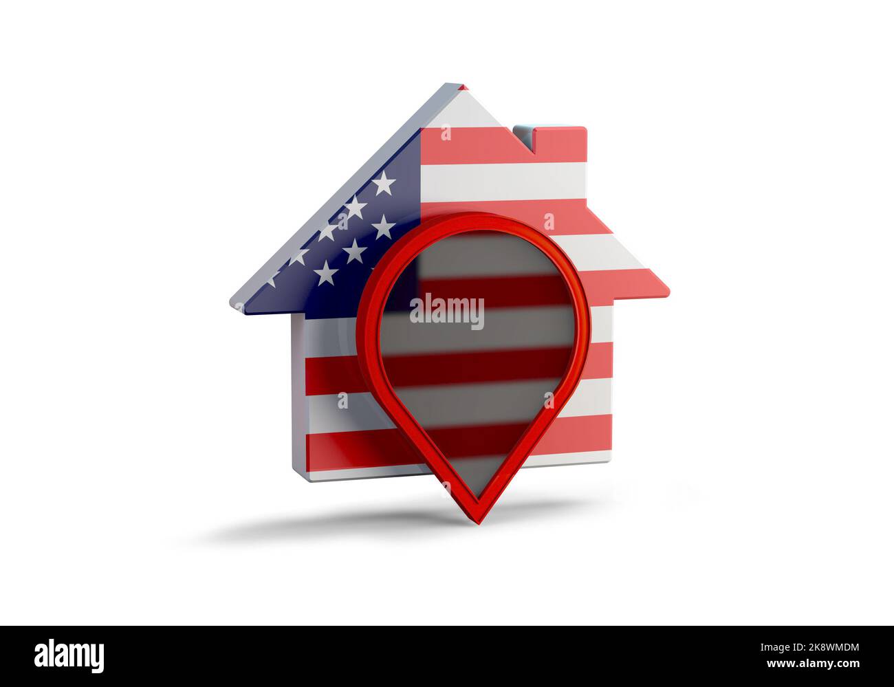 3D illustration of a house with the United States flag and a location ...