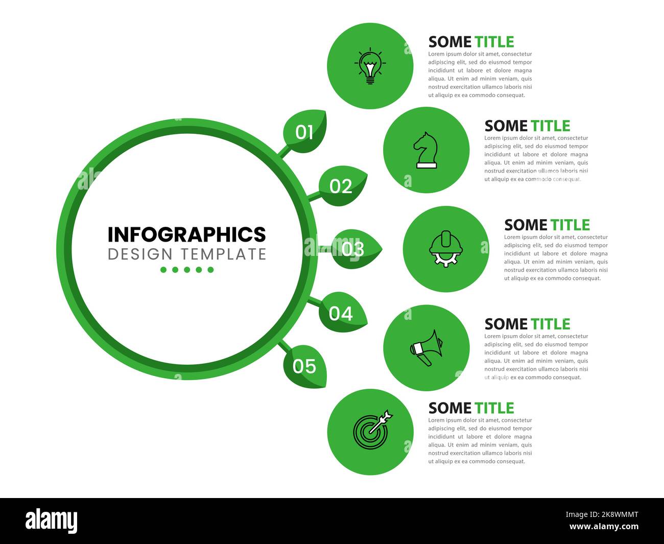 Infographic template with icons and 5 options or steps. Green circle ...