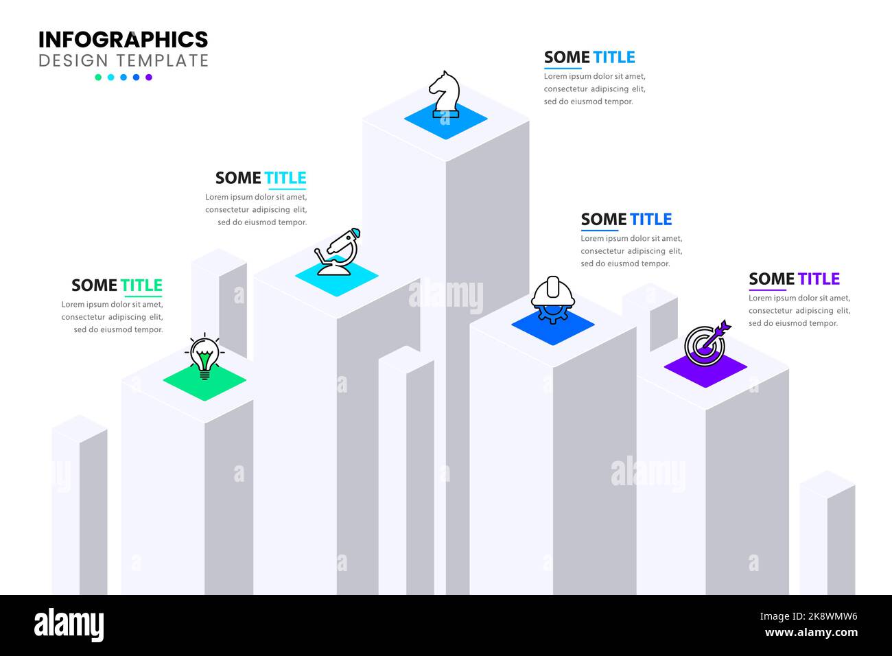 Infographic template with icons and 5 options or steps. Isometric columns. Can be used for ...