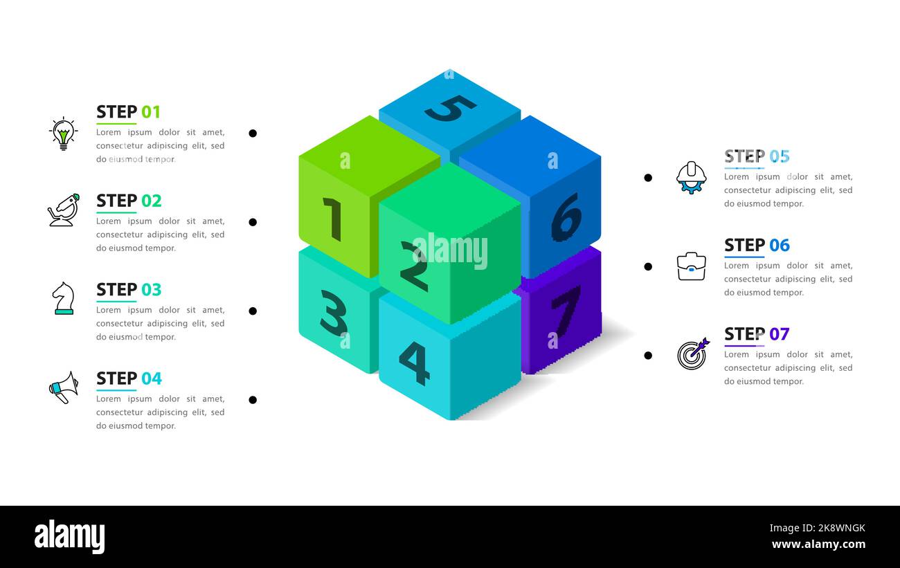 Infographic template with icons and 7 options or steps. Cube. Can be used for workflow layout ...