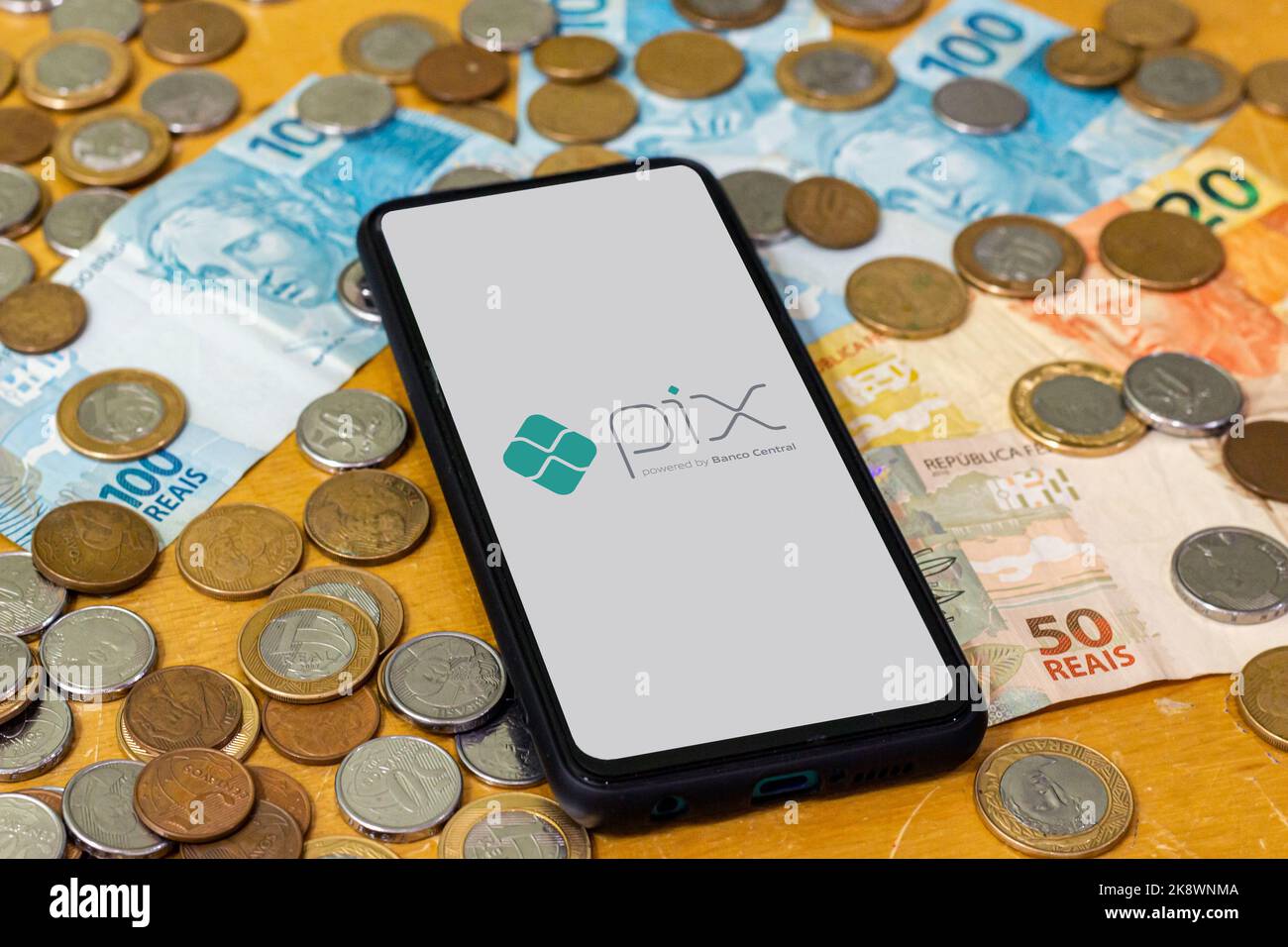 Sao Paulo, Brazil. MARCH 8, 2022: Pix logo on smartphone screen with ...