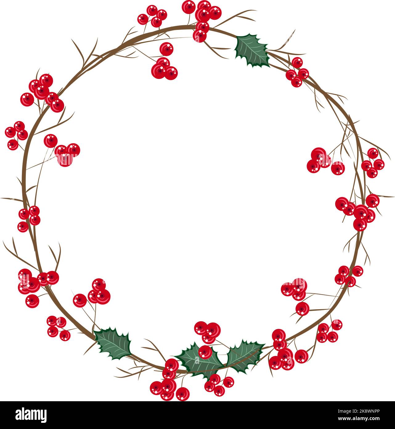 Christmas wreath with winter red berries, leaves and decorative ...