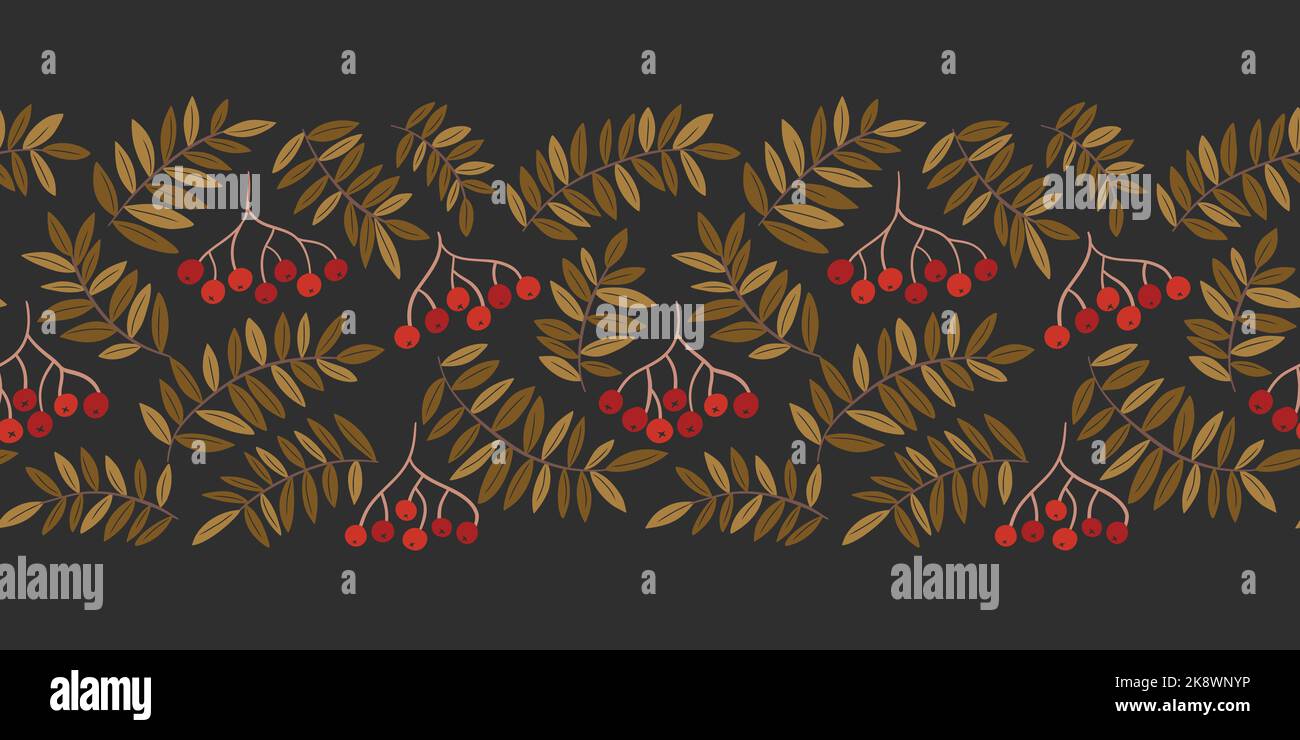 Colorful Fall Linocut Rowan Tree Foliage and Berries Vector Seamless ...
