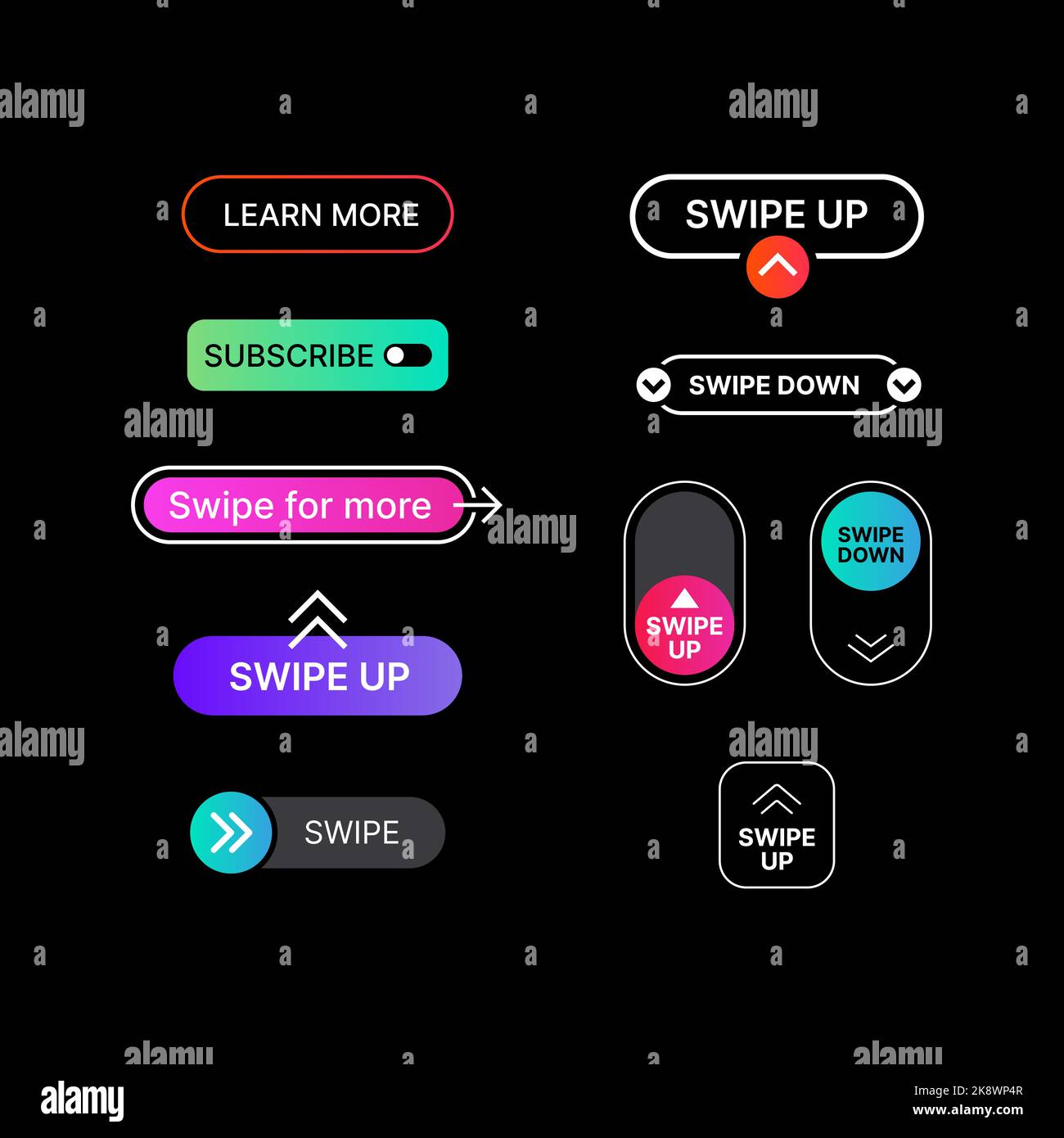 Big Set of Swipe Up, Swipe Down, Swipe for More, Learn More, Subscribe Illustrations. Social ...