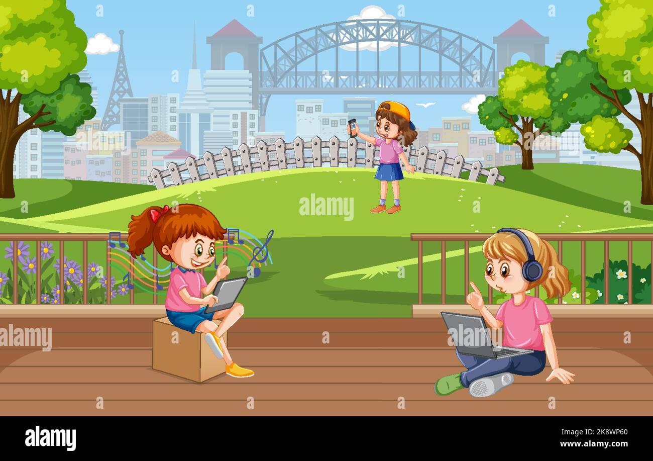 Outdoor scene with people using technology devices illustration Stock ...