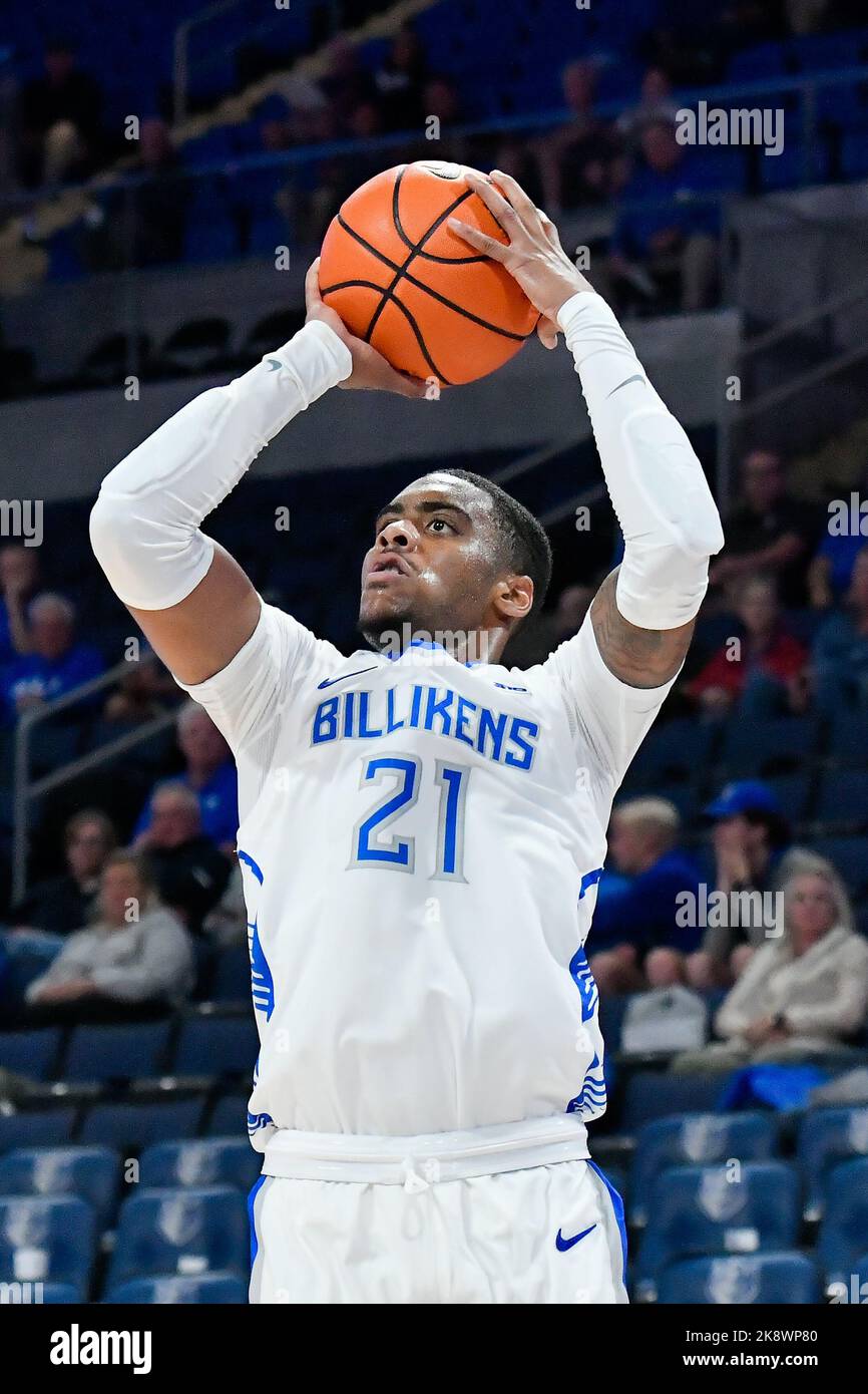 OCTOBER 24, 2022: Saint Louis Billikens guard Sincere Parker (21) takes a three point shot in an ...