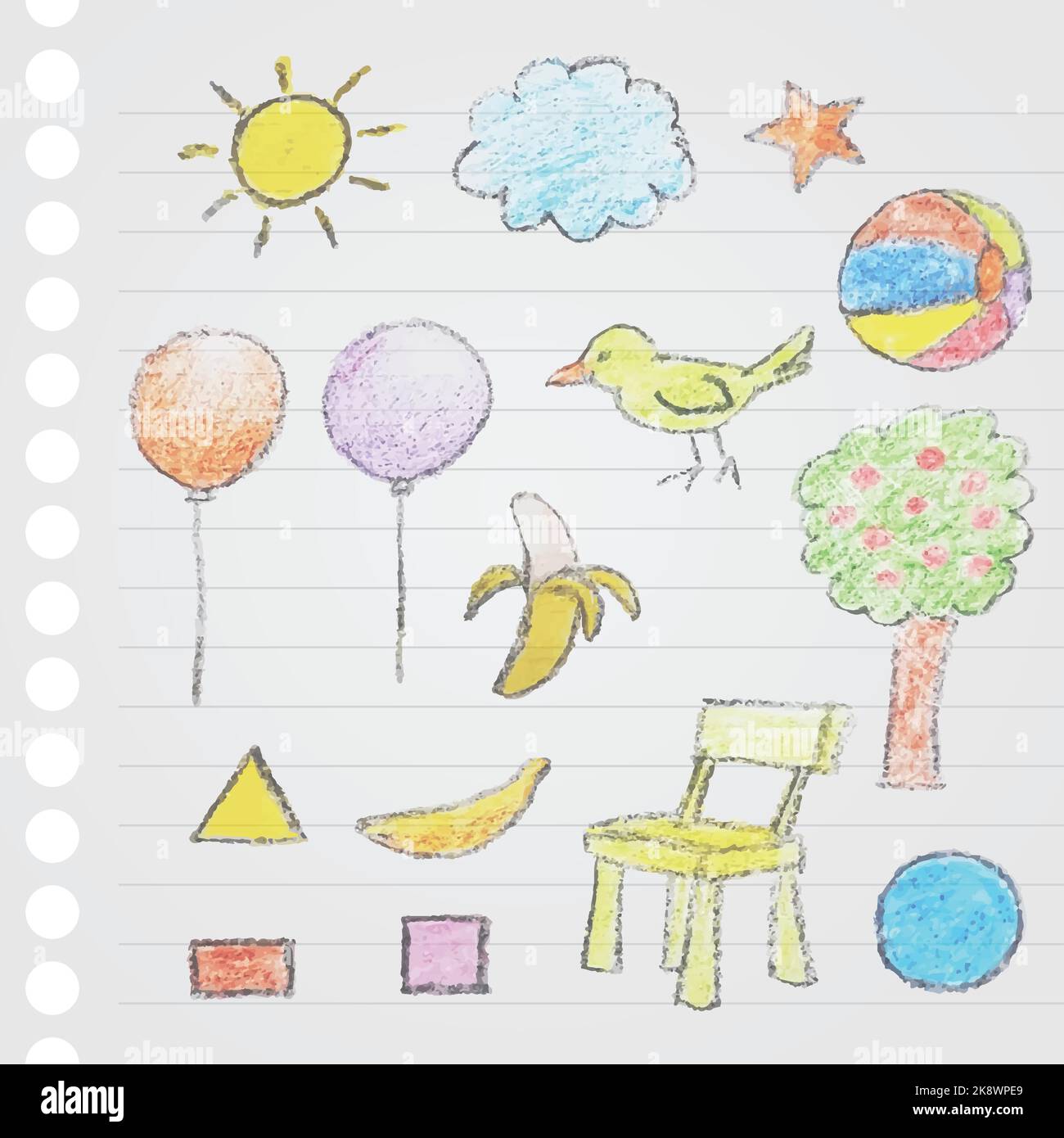 Children Drawings made with Color Pencils over a Lined Paper Background ...