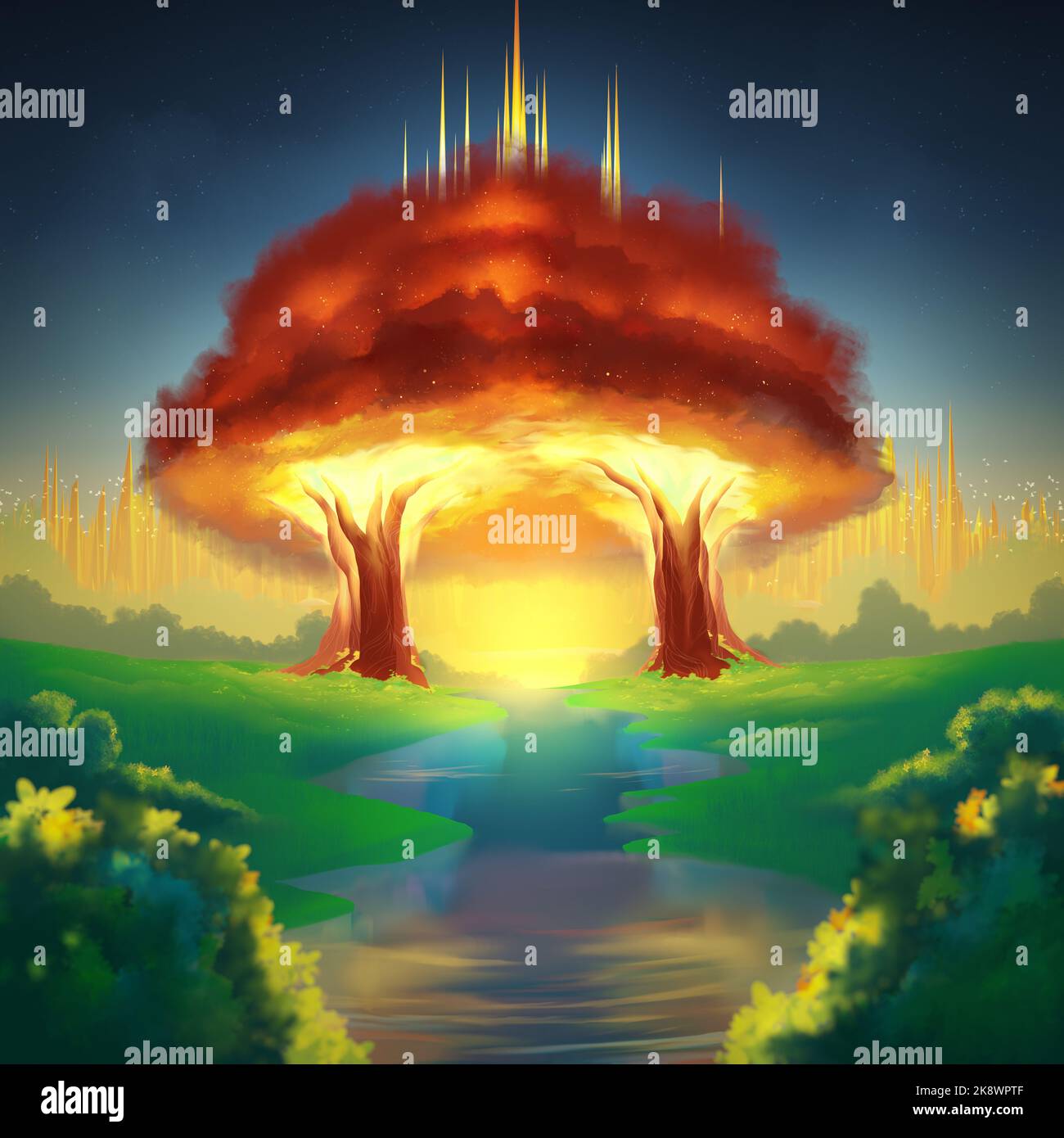 Tree of Life depiction on either side of the river, facing the heavenly ...