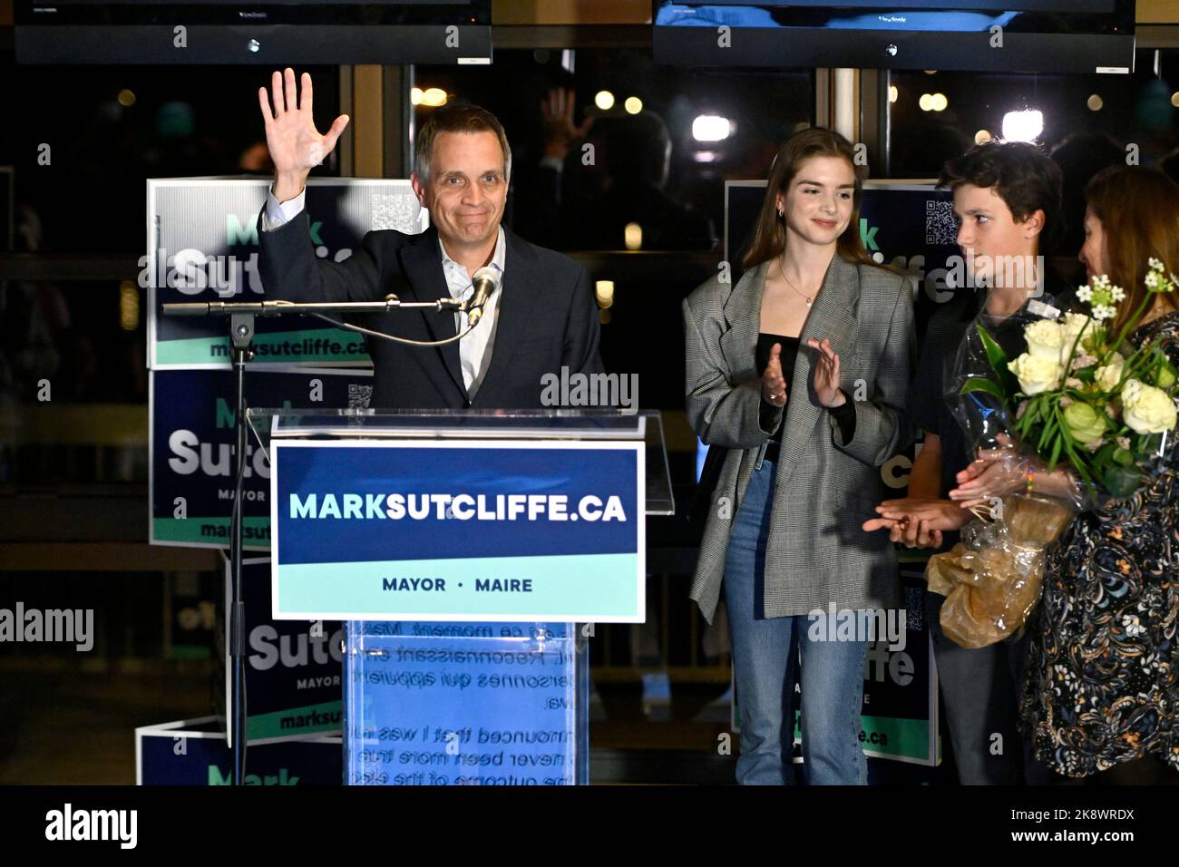 Mark Sutcliffe waves after delivering his victory speech after being ...