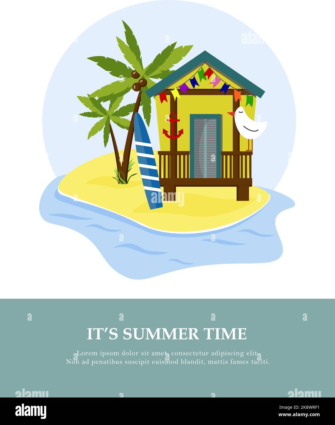 Beach postcard - oceanfront bungalow with seagull and surfboard. Vector ...