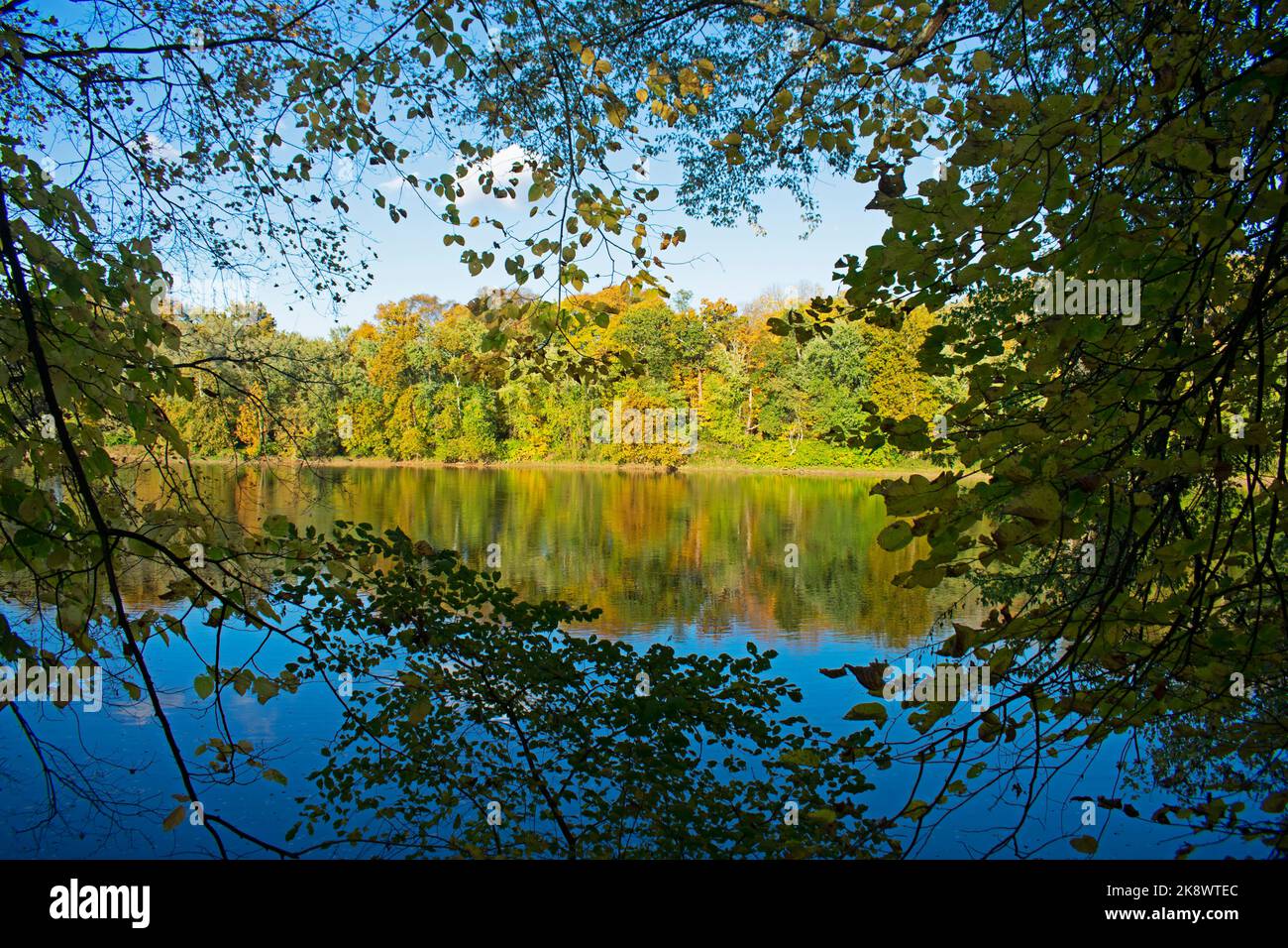 Autumn foliage and tree reflections at the Delaware River near Dingman ...